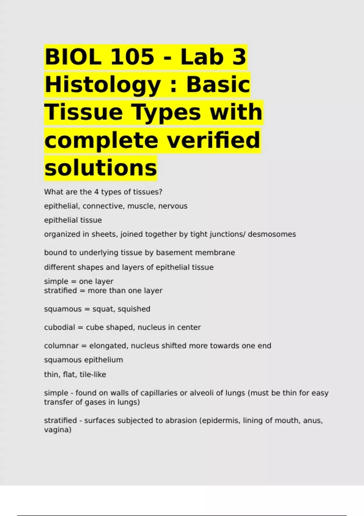 BIOL 105 - Lab 3 Histology Basic Tissue Types with complete verified ...