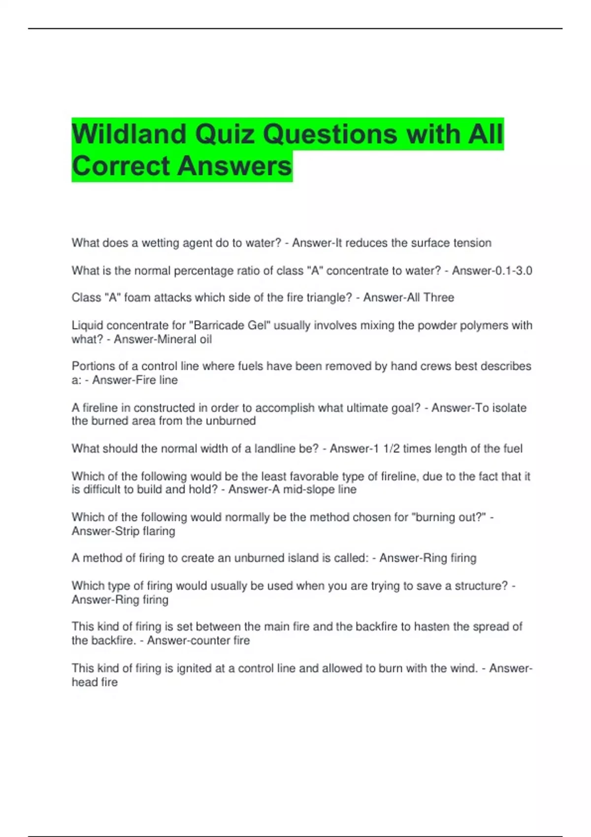 Wildland Quiz Questions with All Correct Answers - Wildland - Stuvia US