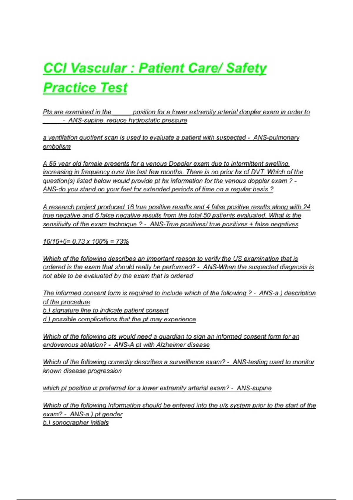 CCI Vascular : Patient Care/ Safety Practice Test Questions with ...