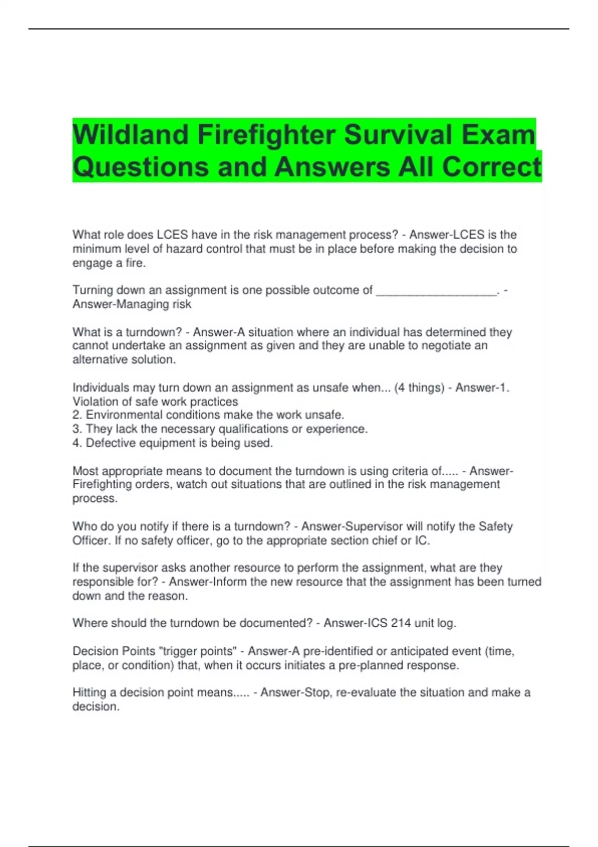Wildland Firefighter Survival Exam Questions and Answers All Correct ...