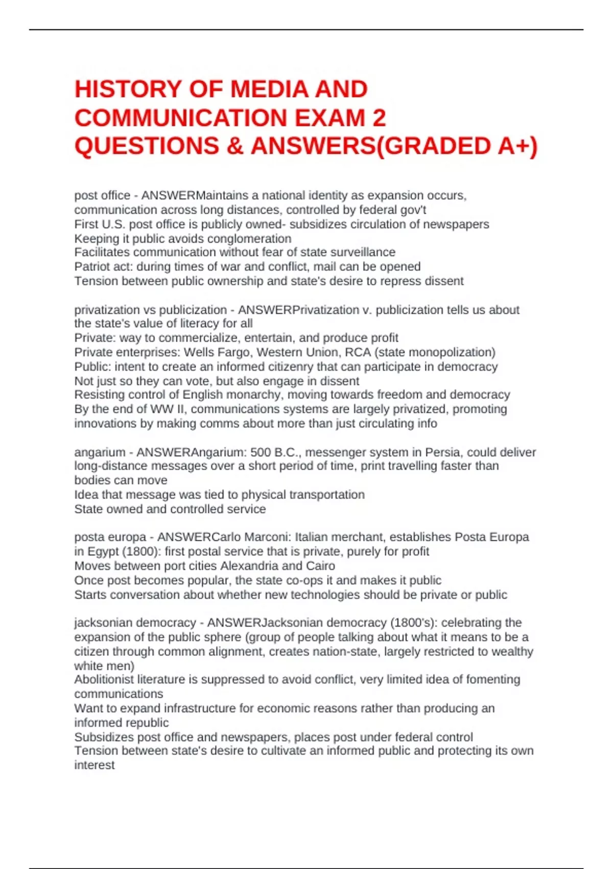 HISTORY OF MEDIA AND COMMUNICATION EXAM 2 QUESTIONS & ANSWERS(GRADED A+ ...