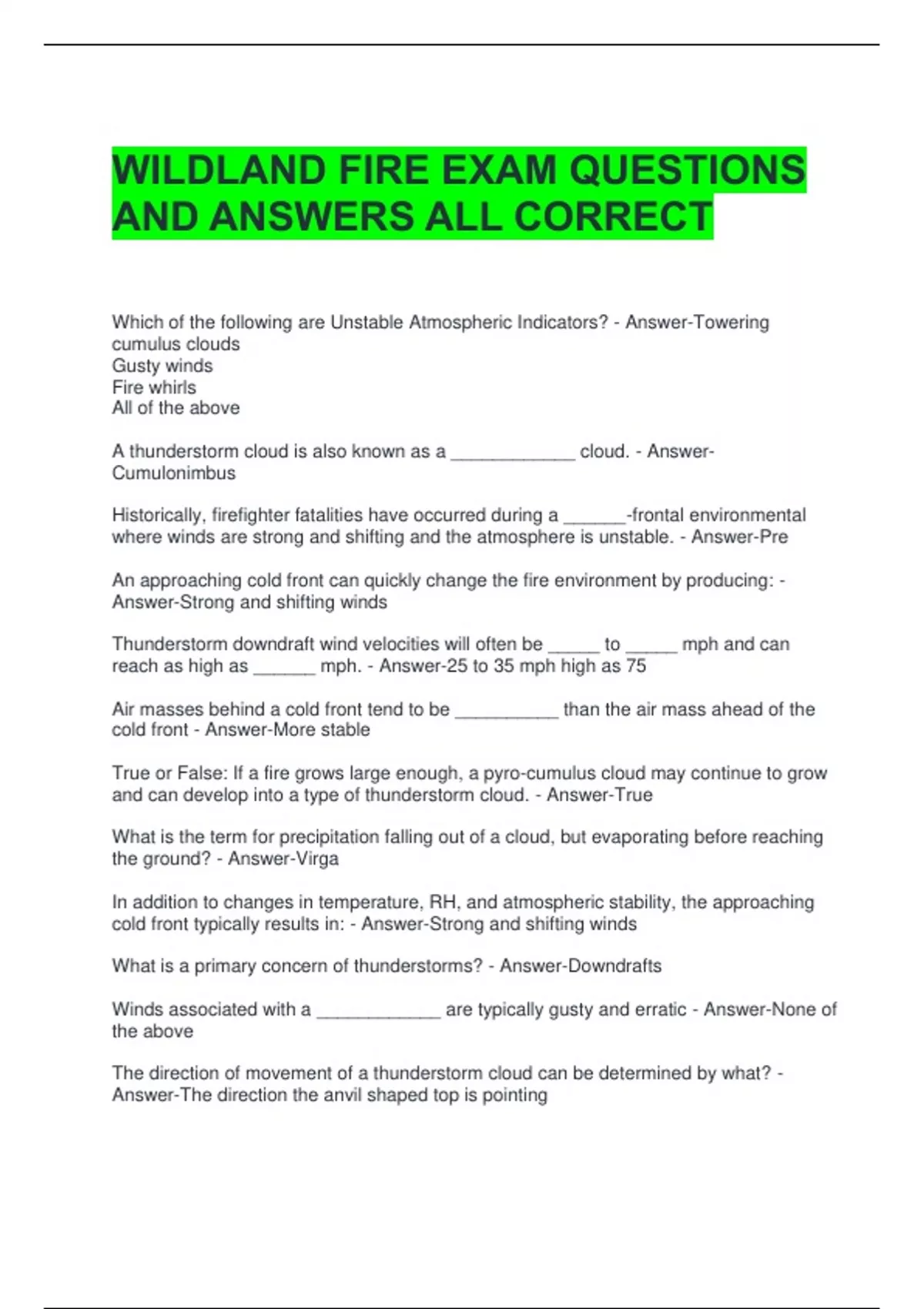 WILDLAND FIRE EXAM QUESTIONS AND ANSWERS ALL CORRECT - WILDLAND FIRE ...