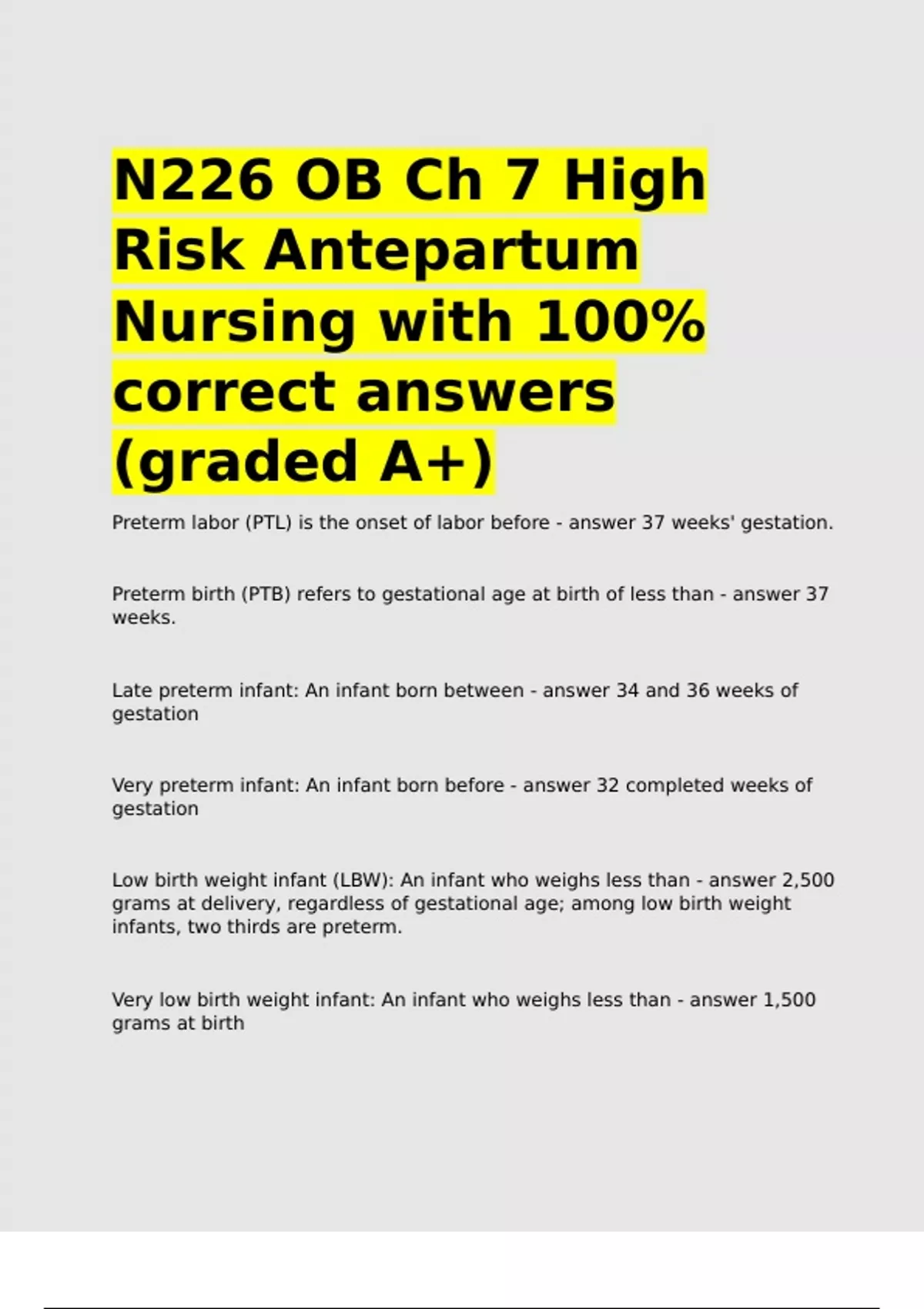 N226 OB Ch 7 High Risk Antepartum Nursing with 100- correct answers ...