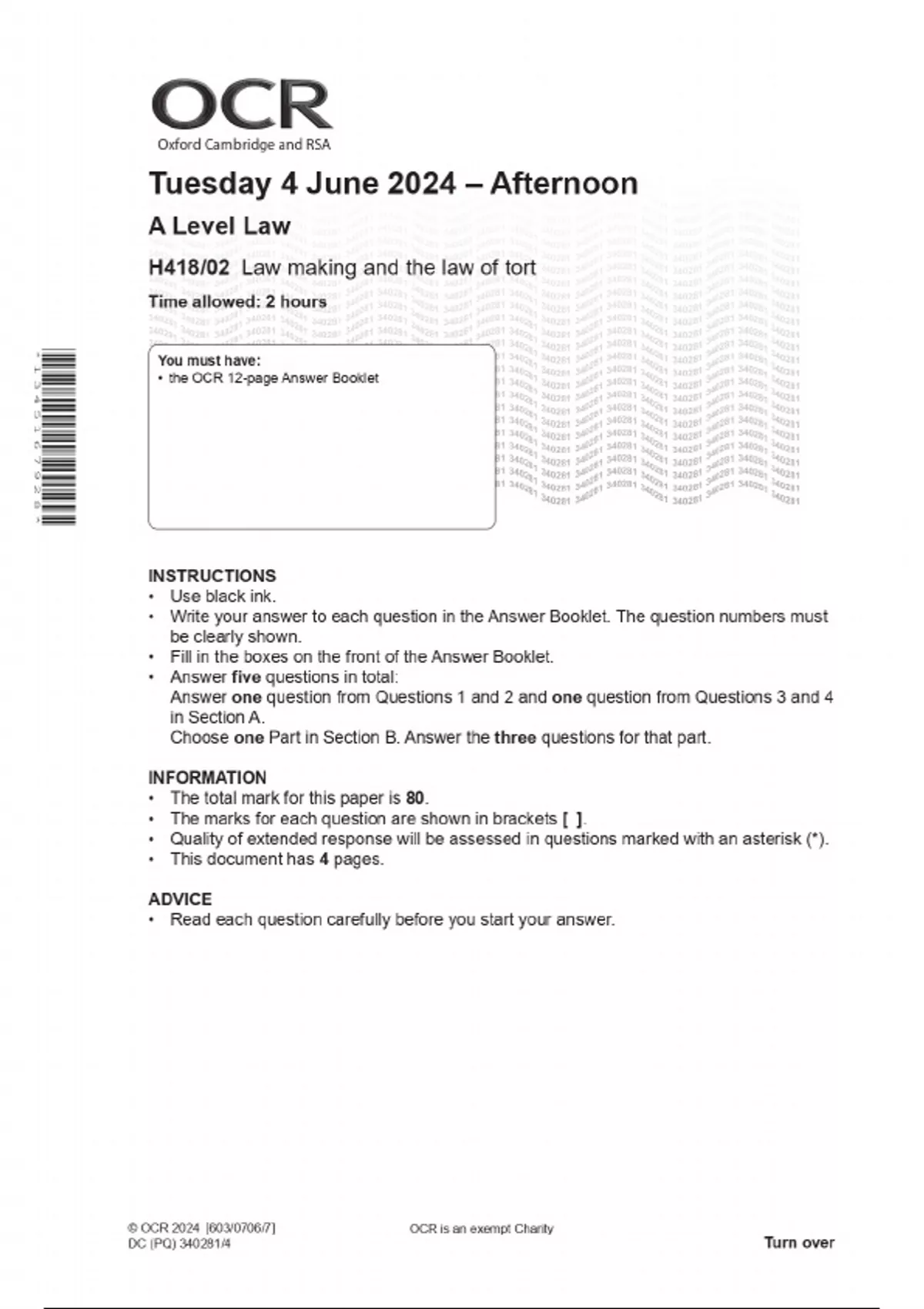 2024 OCR A Level Law H418/02 Law making and the law of tort QUESTION ...