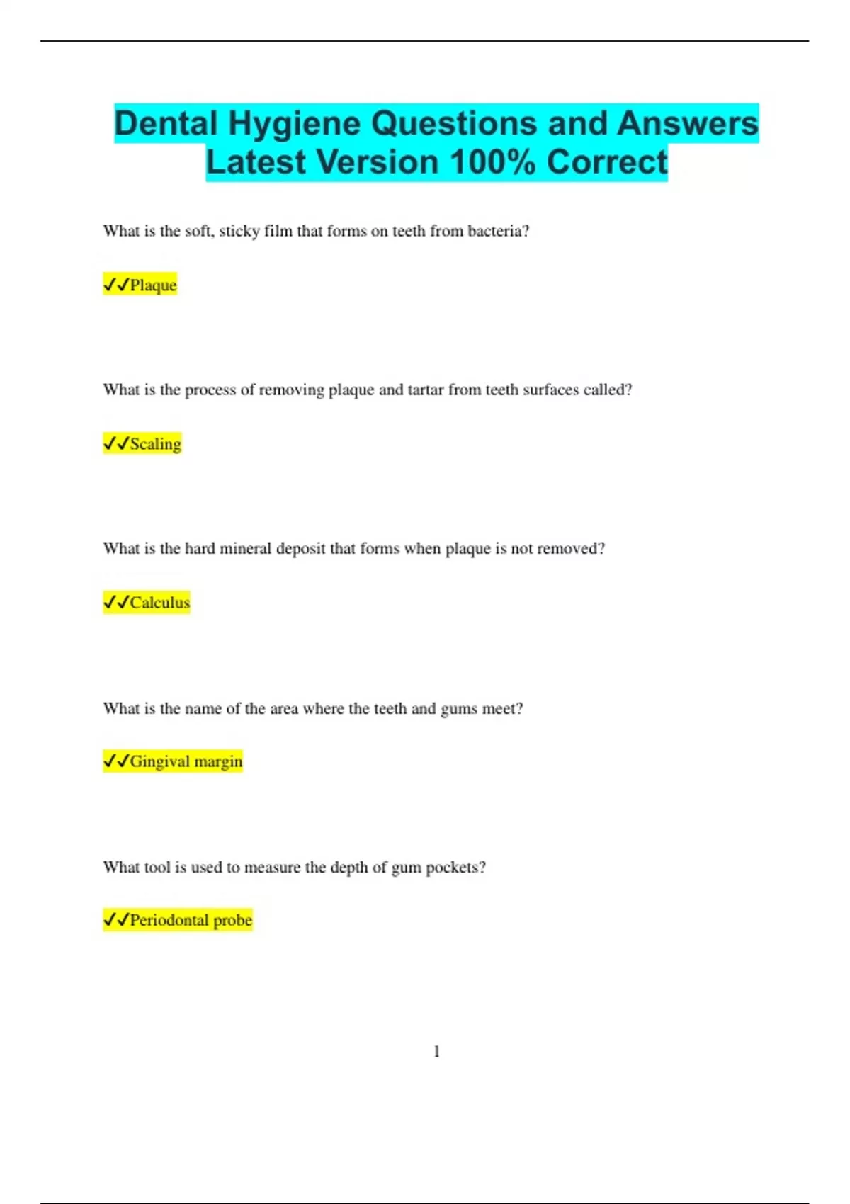 Dental Hygiene Questions and Answers Latest Version 100% Correct ...