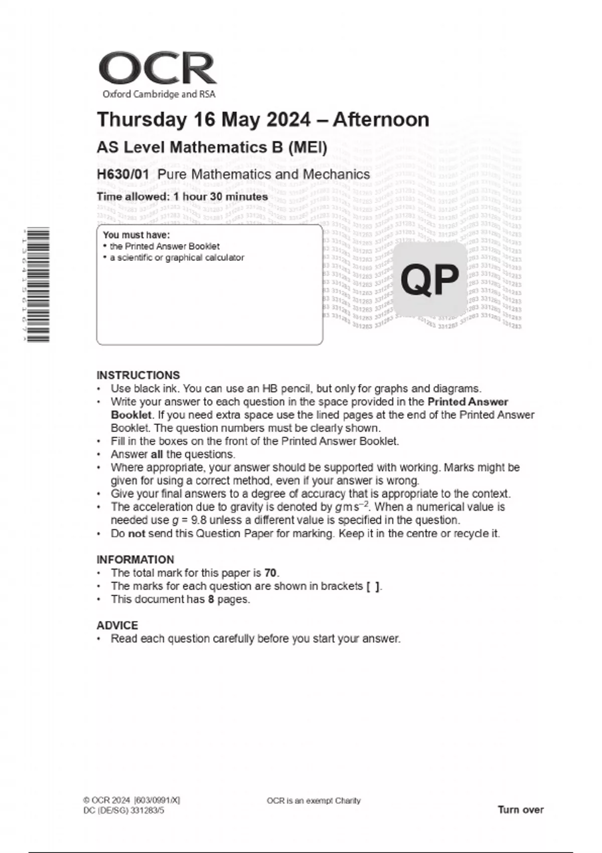 2024 OCR AS Level Mathematics B (MEI) H630/01 Pure Mathematics and ...