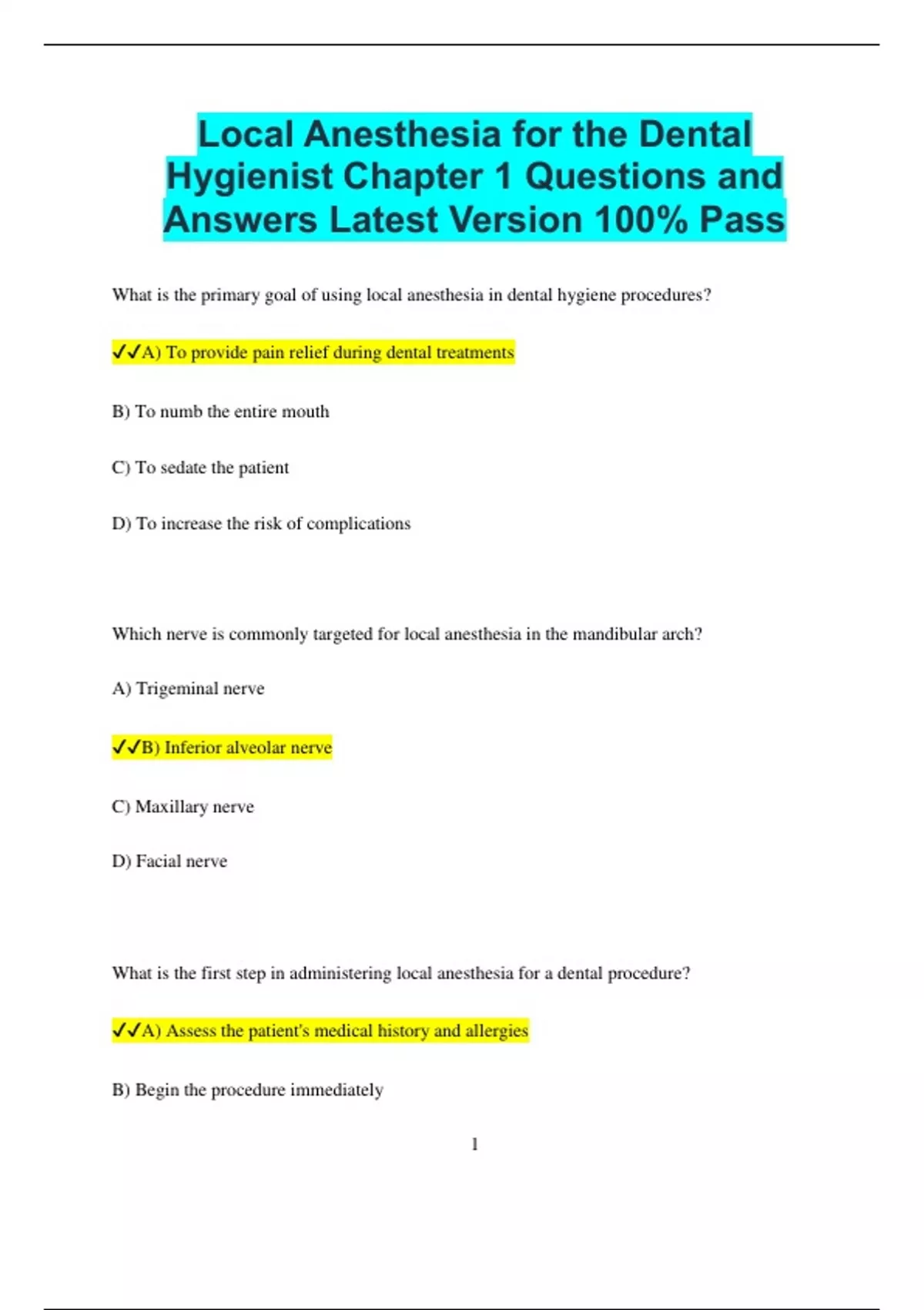 Local Anesthesia for the Dental Hygienist Chapter 1 Questions and ...