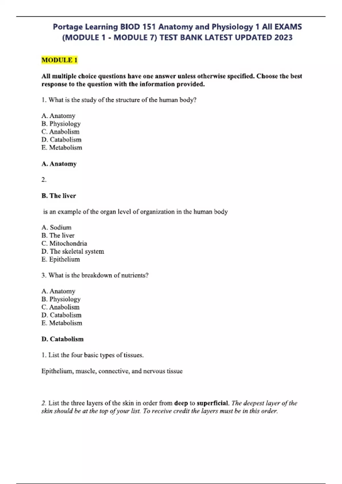 Portage Learning BIOD 151 Anatomy and Physiology 1 All EXAMS (MODULE 1 ...