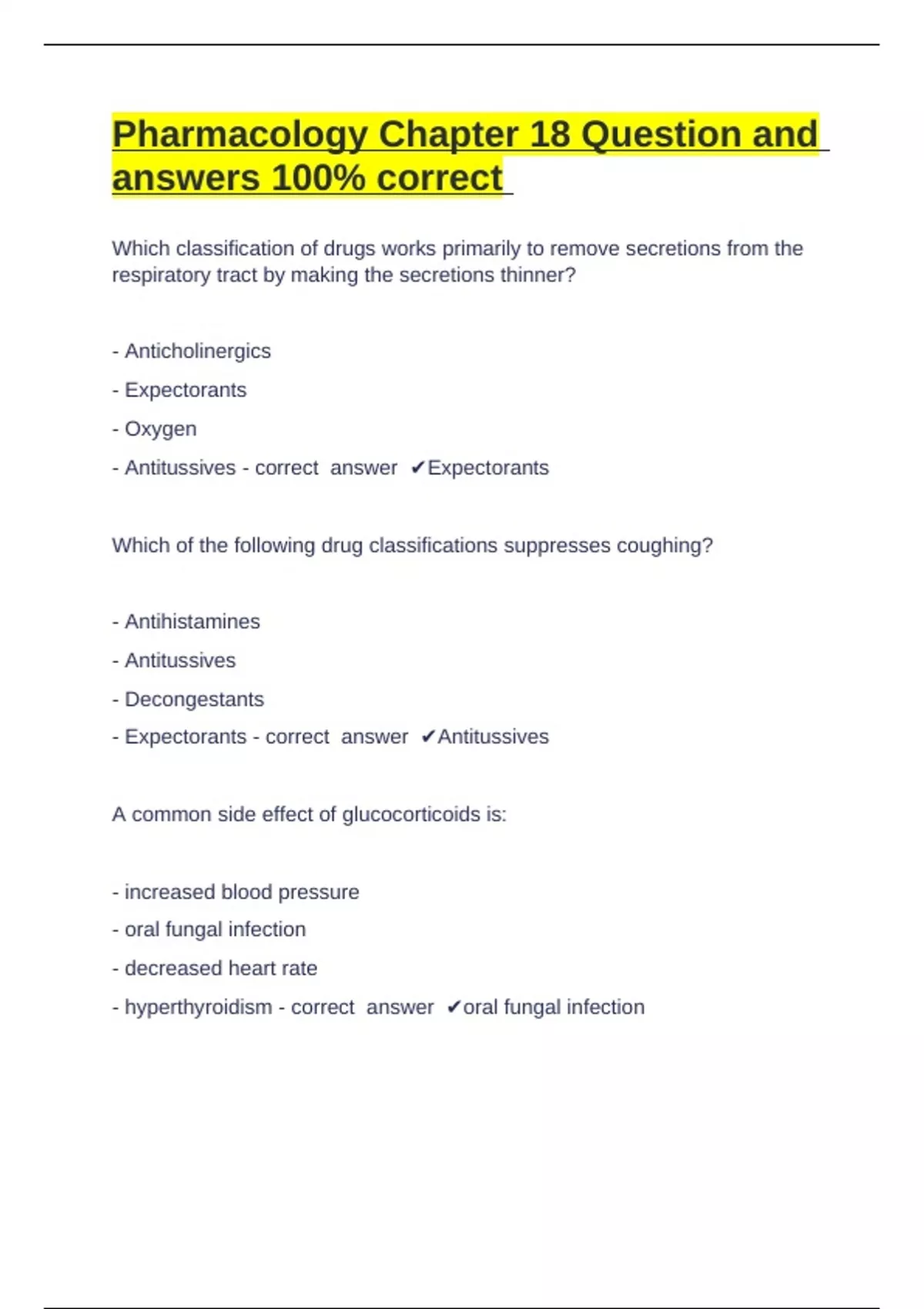 Pharmacology Chapter 18 Question and answers 100% correct ...