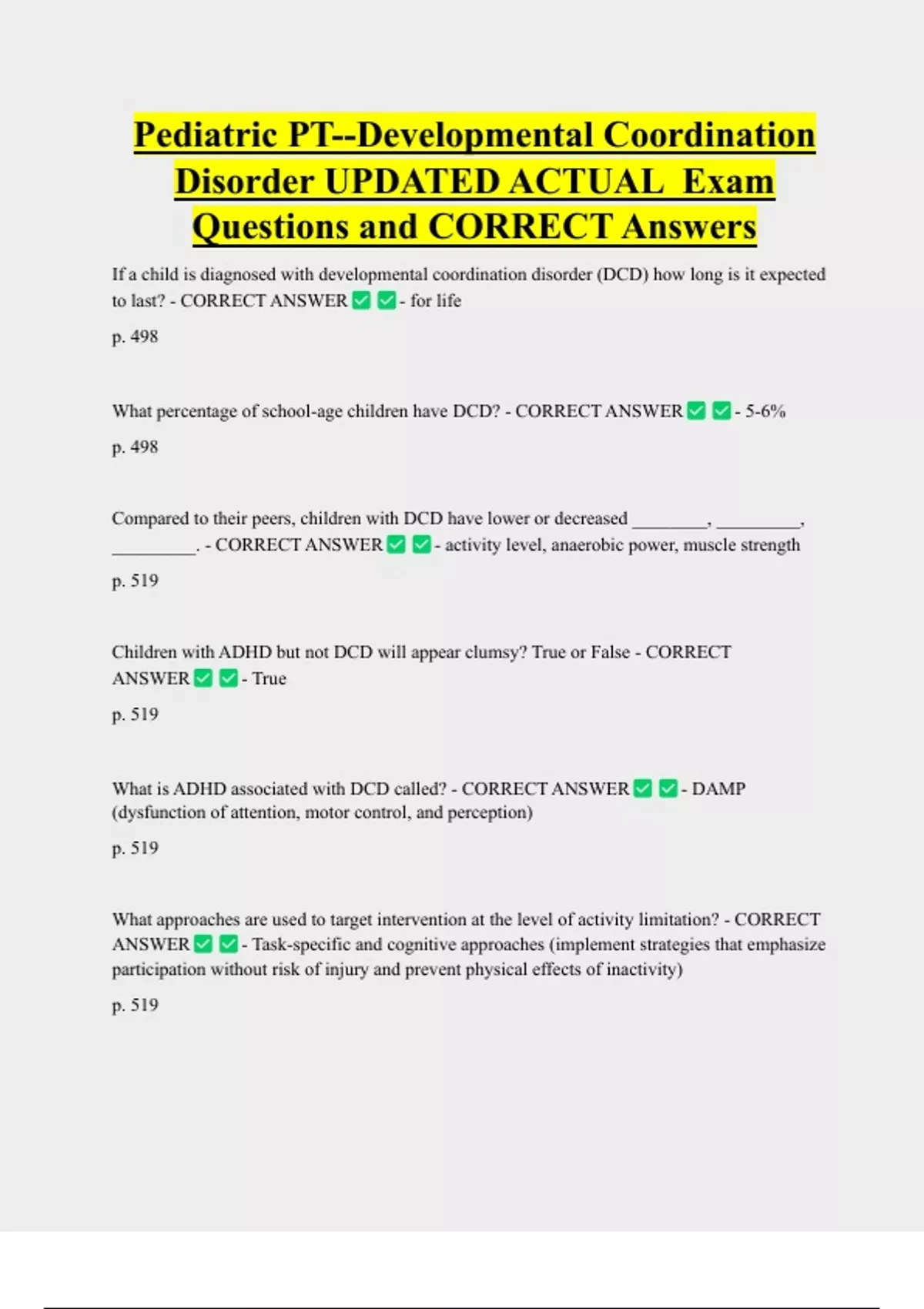 Pediatric PT--Developmental Coordination Disorder UPDATED ACTUAL Exam ...