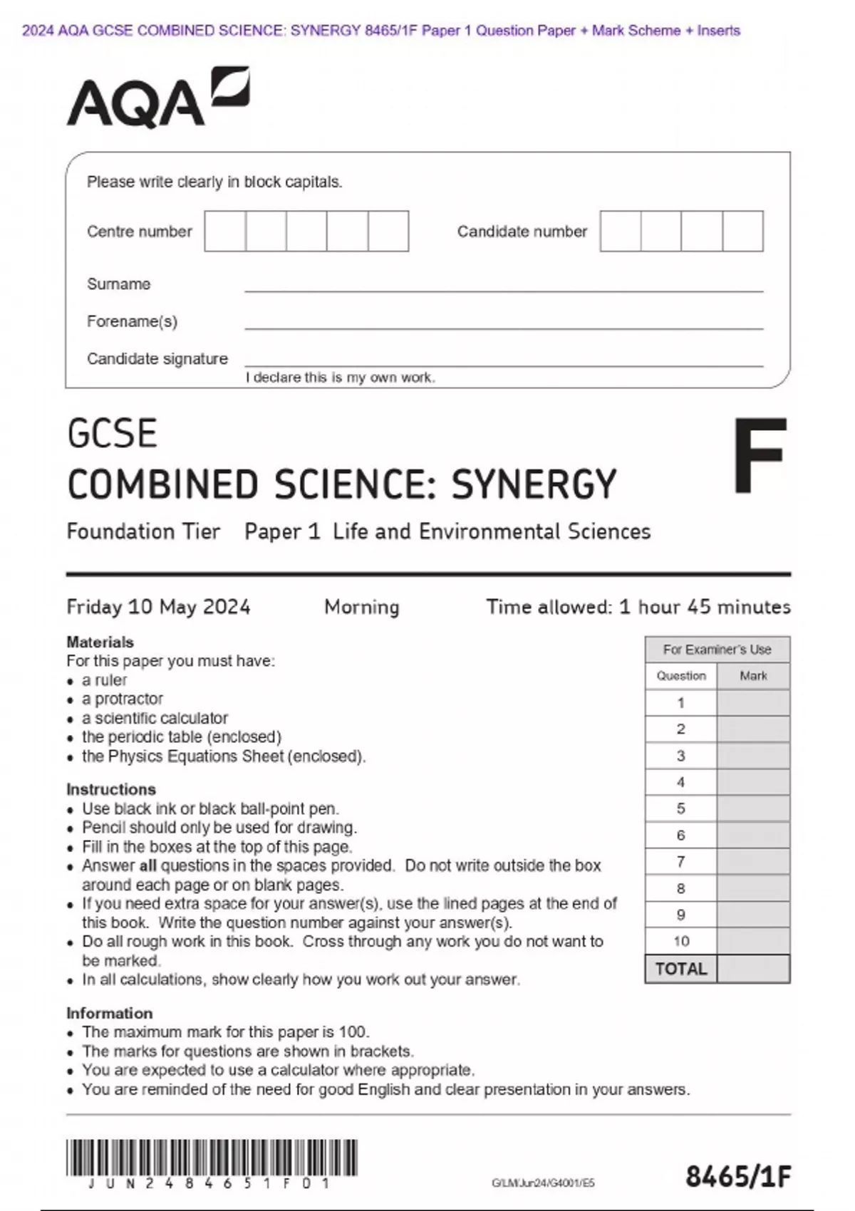 2024 Aqa Gcse Combined Science Synergy 8465 1f Paper 1 Question Paper