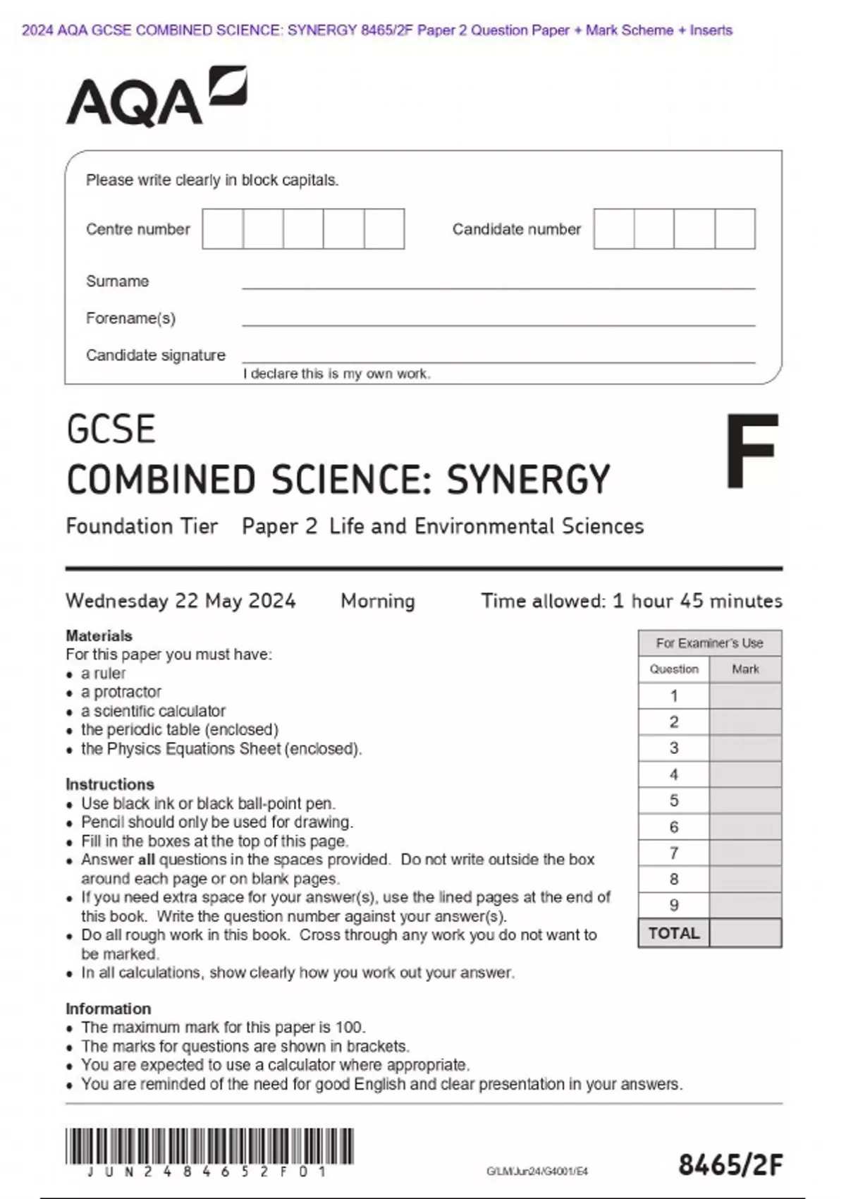 2024 Aqa Gcse Combined Science Synergy 8465 1h Paper Question Paper