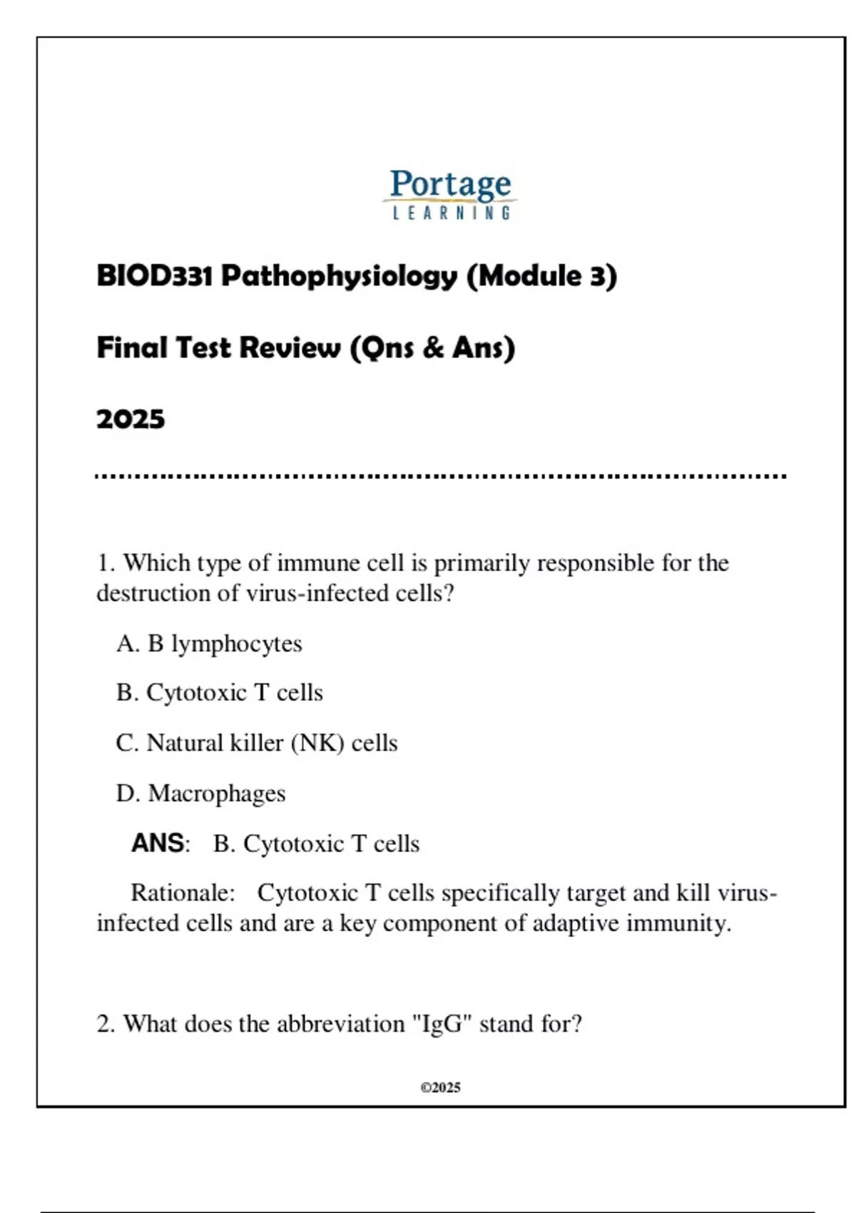 BIOD331 Pathophysiology (Mod 3) Final Test Review 2025 ( With Solns ...