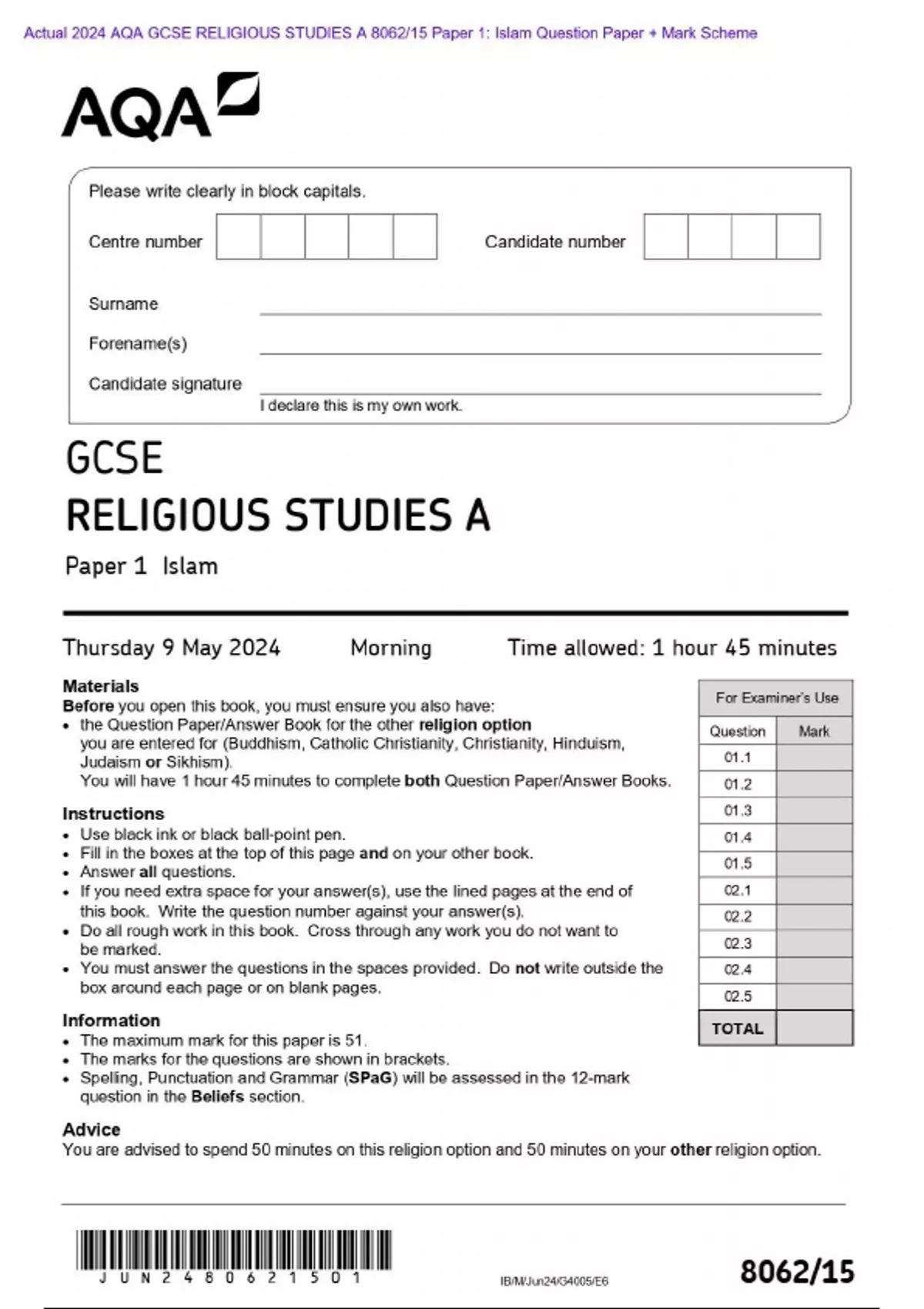 Actual 2024 AQA GCSE RELIGIOUS STUDIES A 8062/15 Paper 1: Islam ...