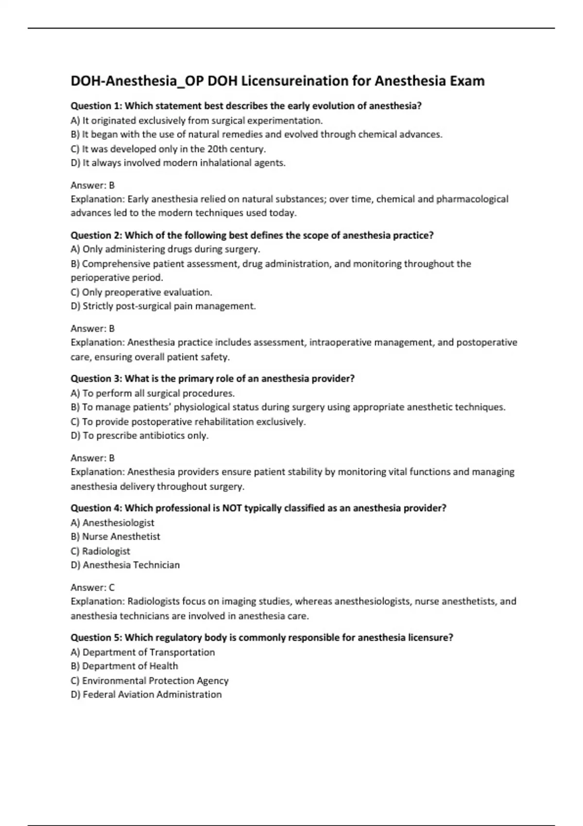 DOH-Anesthesia_OP DOH Licensureination for Anesthesia Exam - Computers - Stuvia US