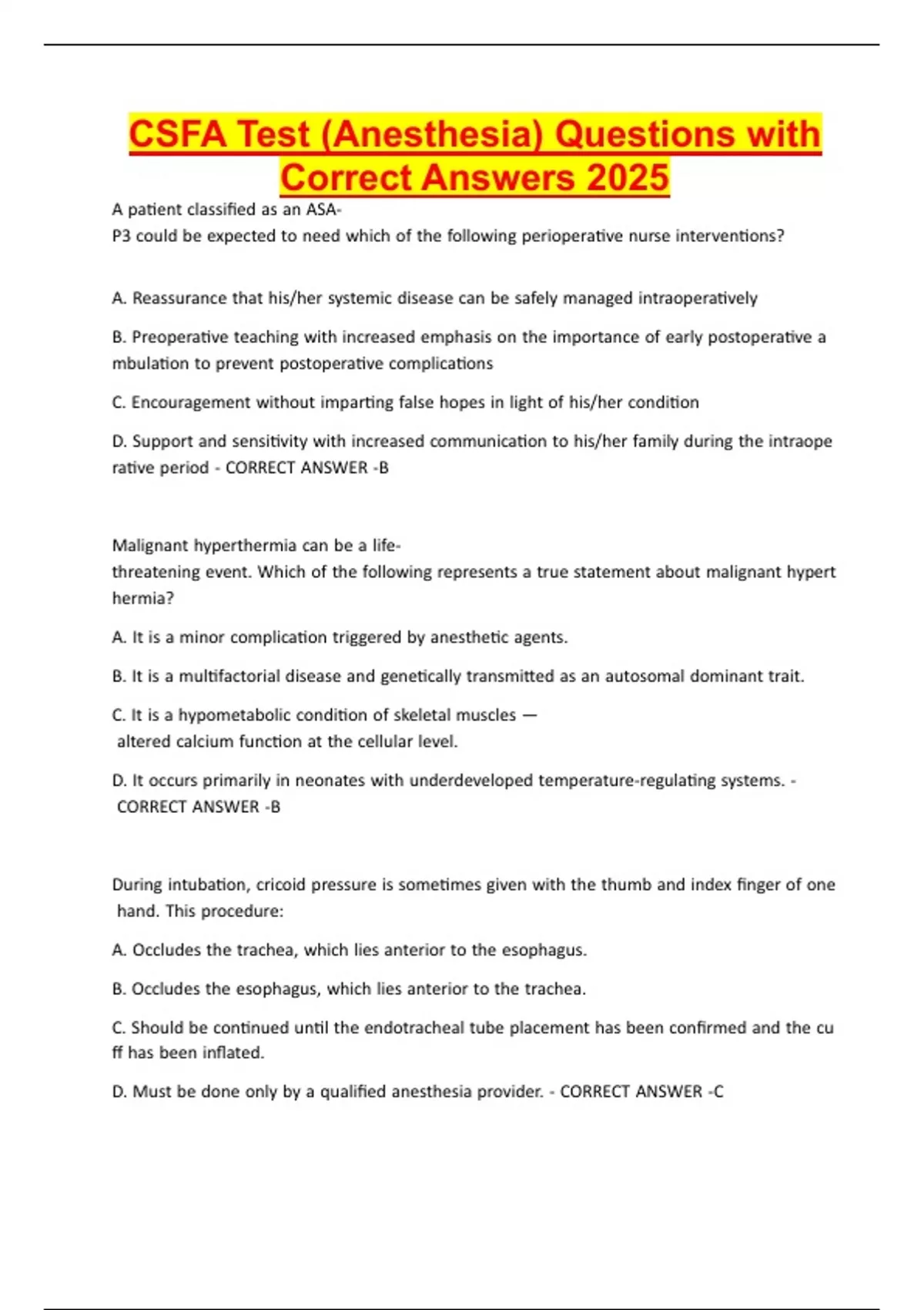 CSFA Test (Anesthesia) Questions with Correct Answers 2025 - CSFA ...