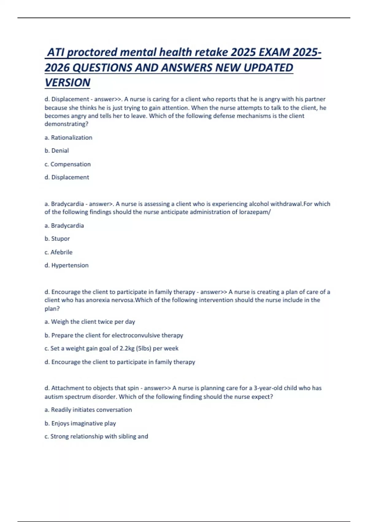 ATI proctored mental health retake 2025 EXAM QUESTIONS AND ANSWERS NEW ...