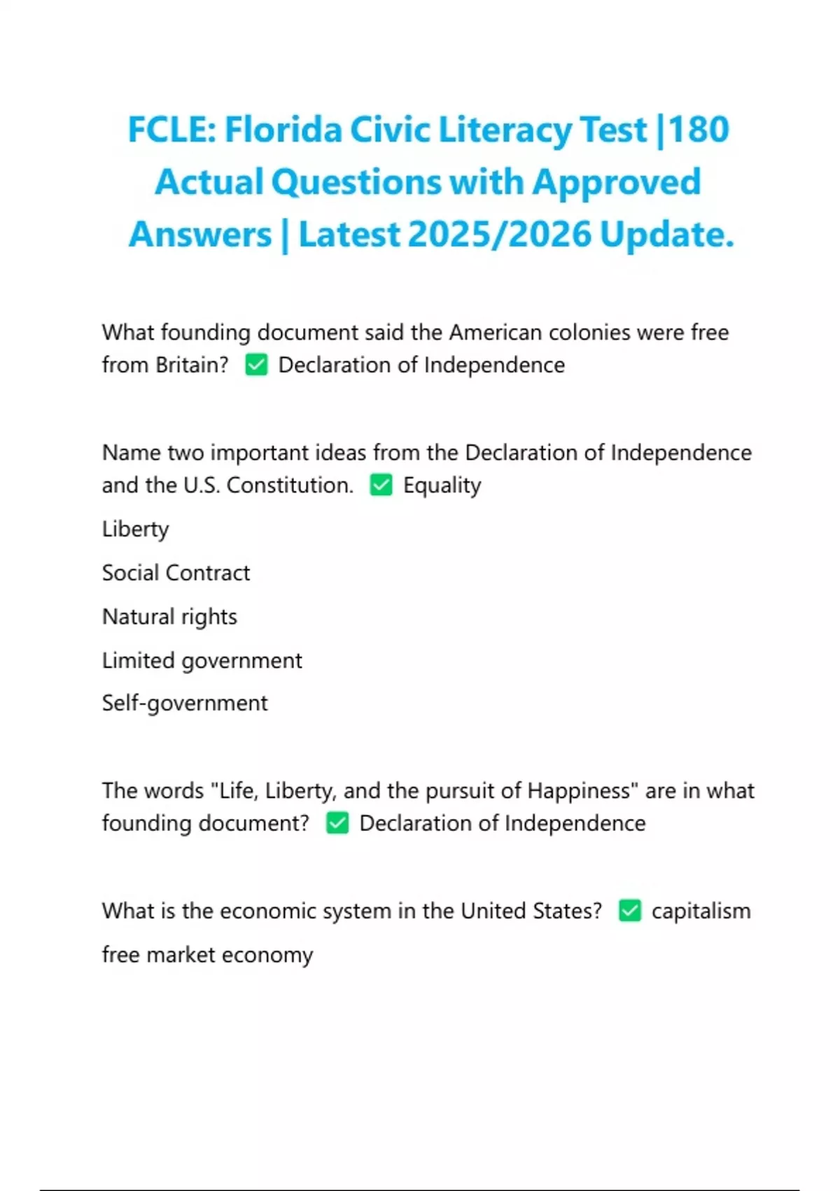 FCLE: Florida Civic Literacy Test |180 Actual Questions with Approved ...