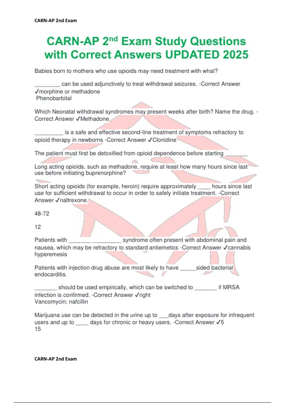 CARN-AP 2nd Exam Study Questions with Correct Answers UPDATED 2025 ...