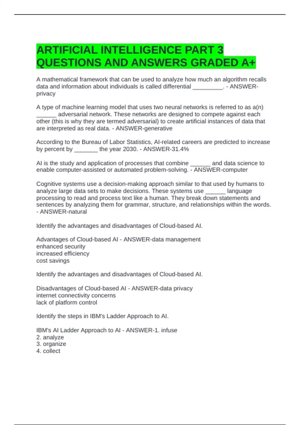 ARTIFICIAL INTELLIGENCE PART 3 QUESTIONS AND ANSWERS GRADED A+ - ARTIFICIAL INTELLIGENCE - Stuvia US