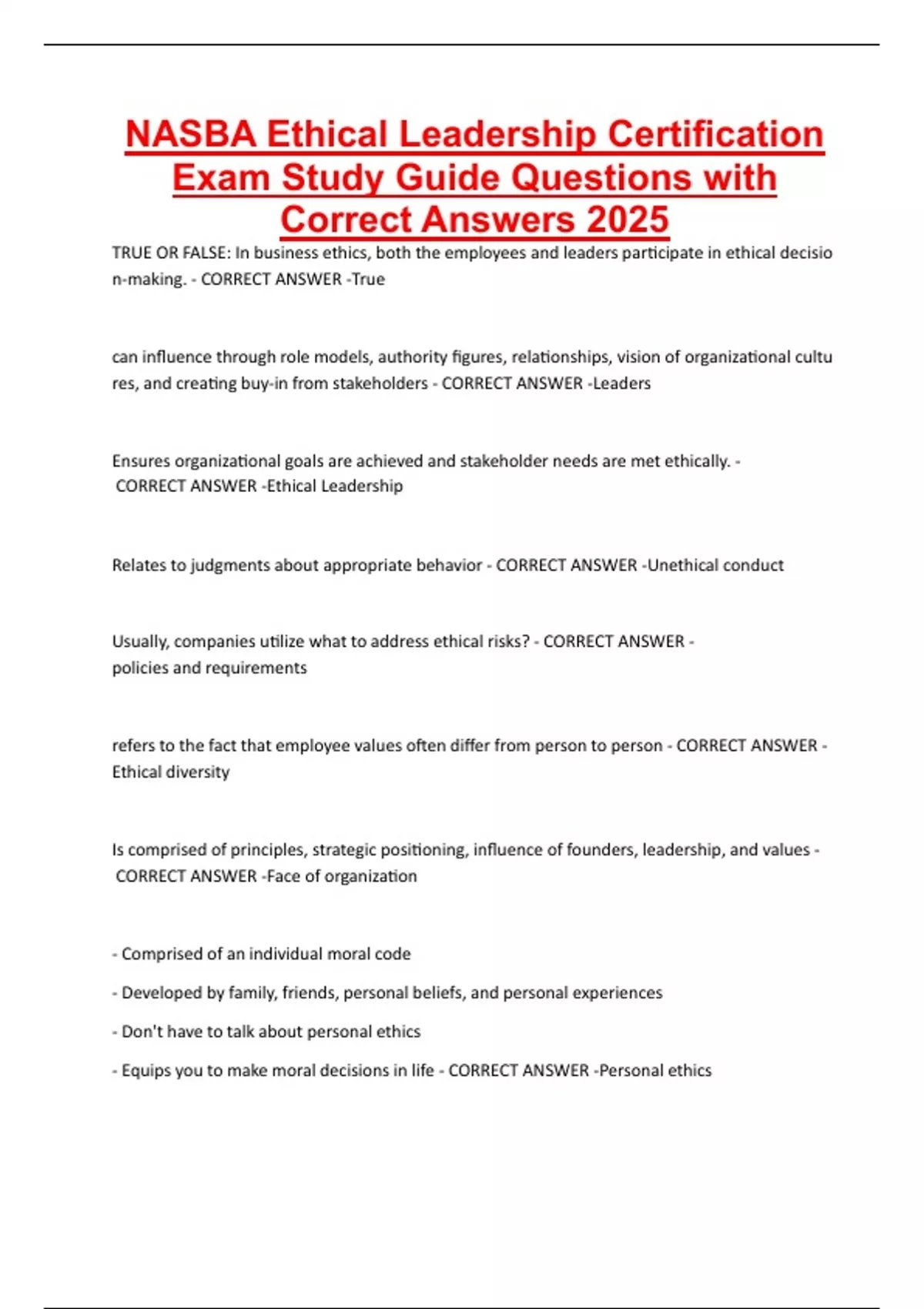 NASBA Ethical Leadership Certification Exam Study Guide Questions with Correct Answers 2025 ...