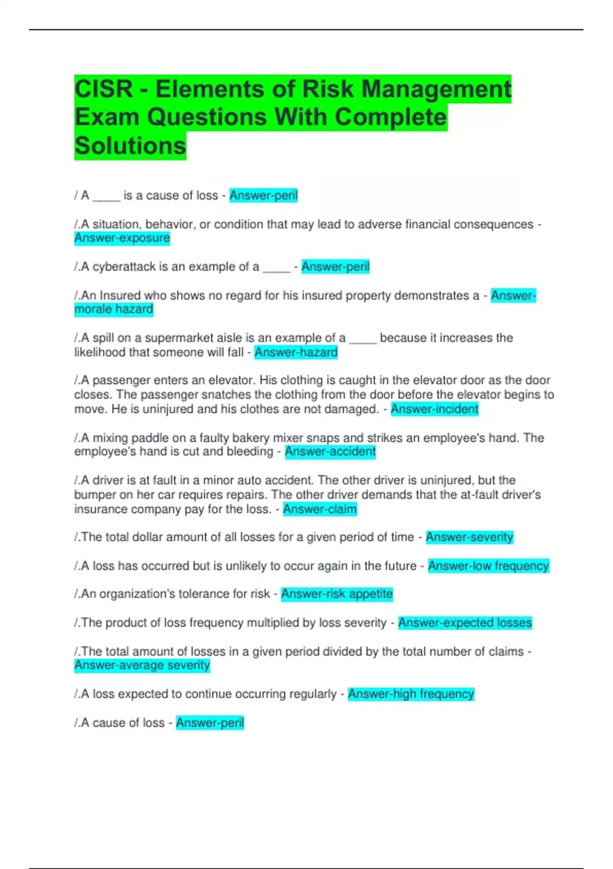 CISR - Elements of Risk Management Exam Questions With Complete ...
