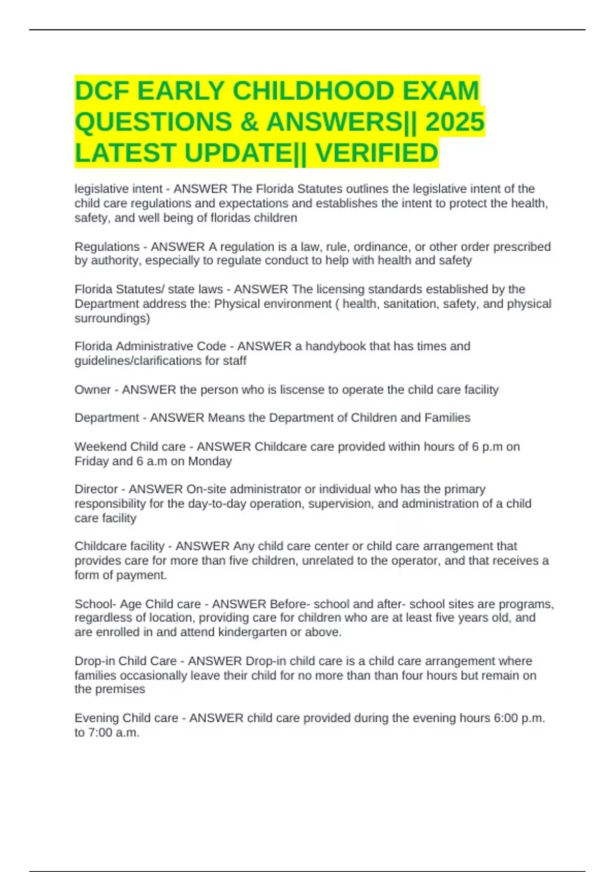 DCF EARLY CHILDHOOD EXAM QUESTIONS & ANSWERS|| 2025 LATEST UPDATE ...