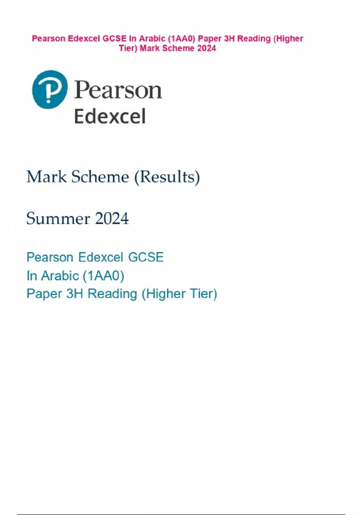 Pearson Edexcel GCSE In Arabic (1AA0) Paper 3H Reading (Higher Tier ...