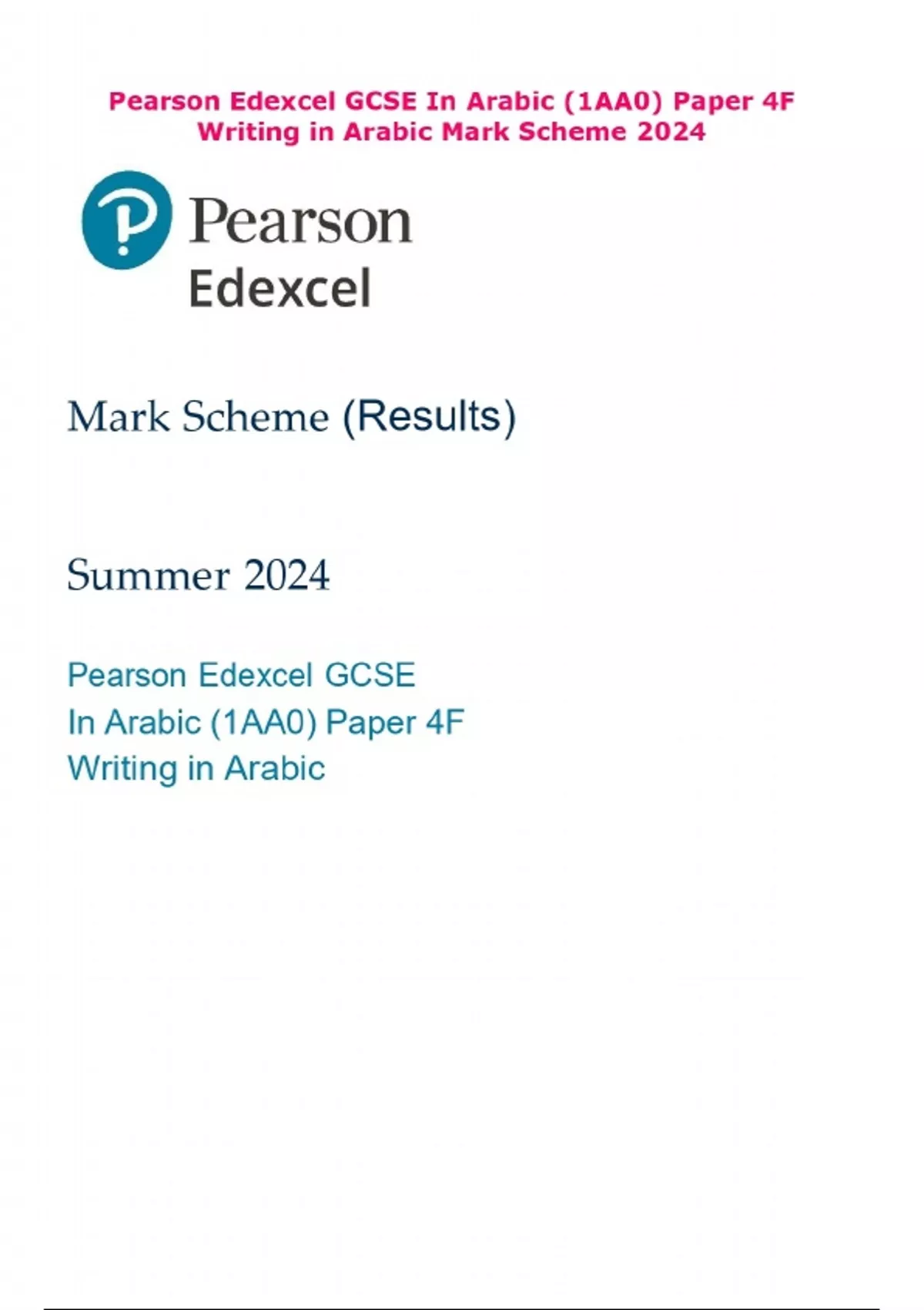 Pearson Edexcel GCSE In Arabic (1AA0) Paper 4F Writing in Arabic Mark ...