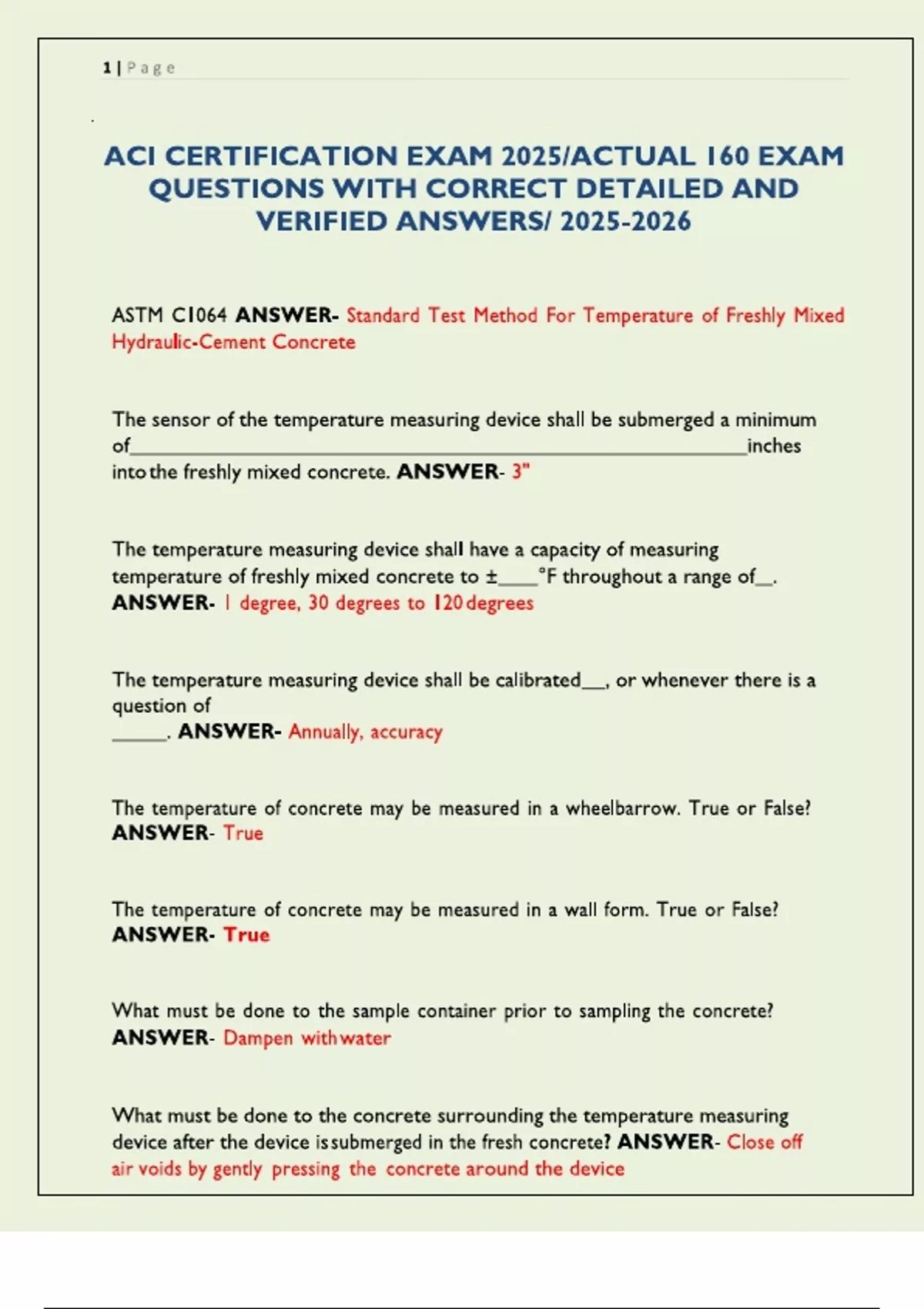 ACI CERTIFICATION EXAM 2025/ACTUAL 160 EXAM QUESTIONS WITH CORRECT ...