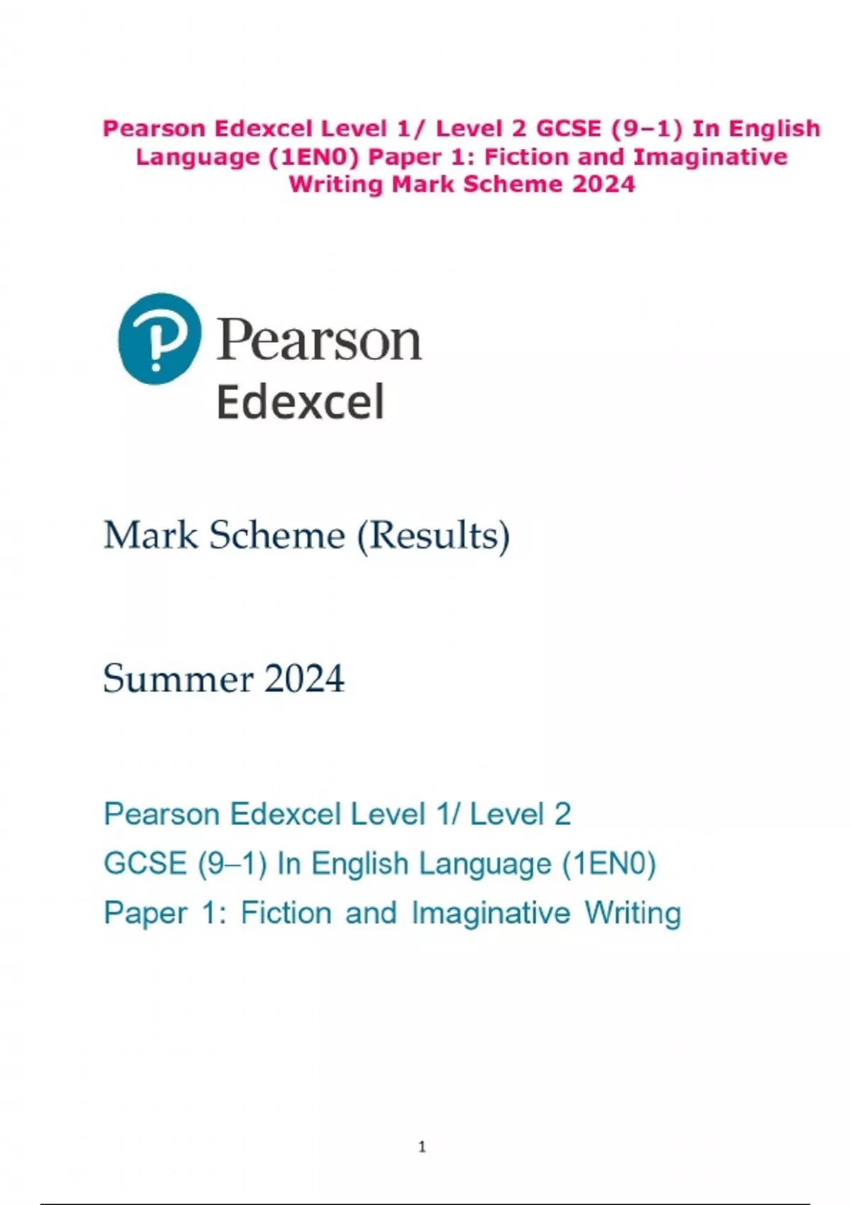 Pearson Edexcel Level 1/ Level 2 GCSE (9–1) In English Language (1EN0) Paper 1: Fiction and ...