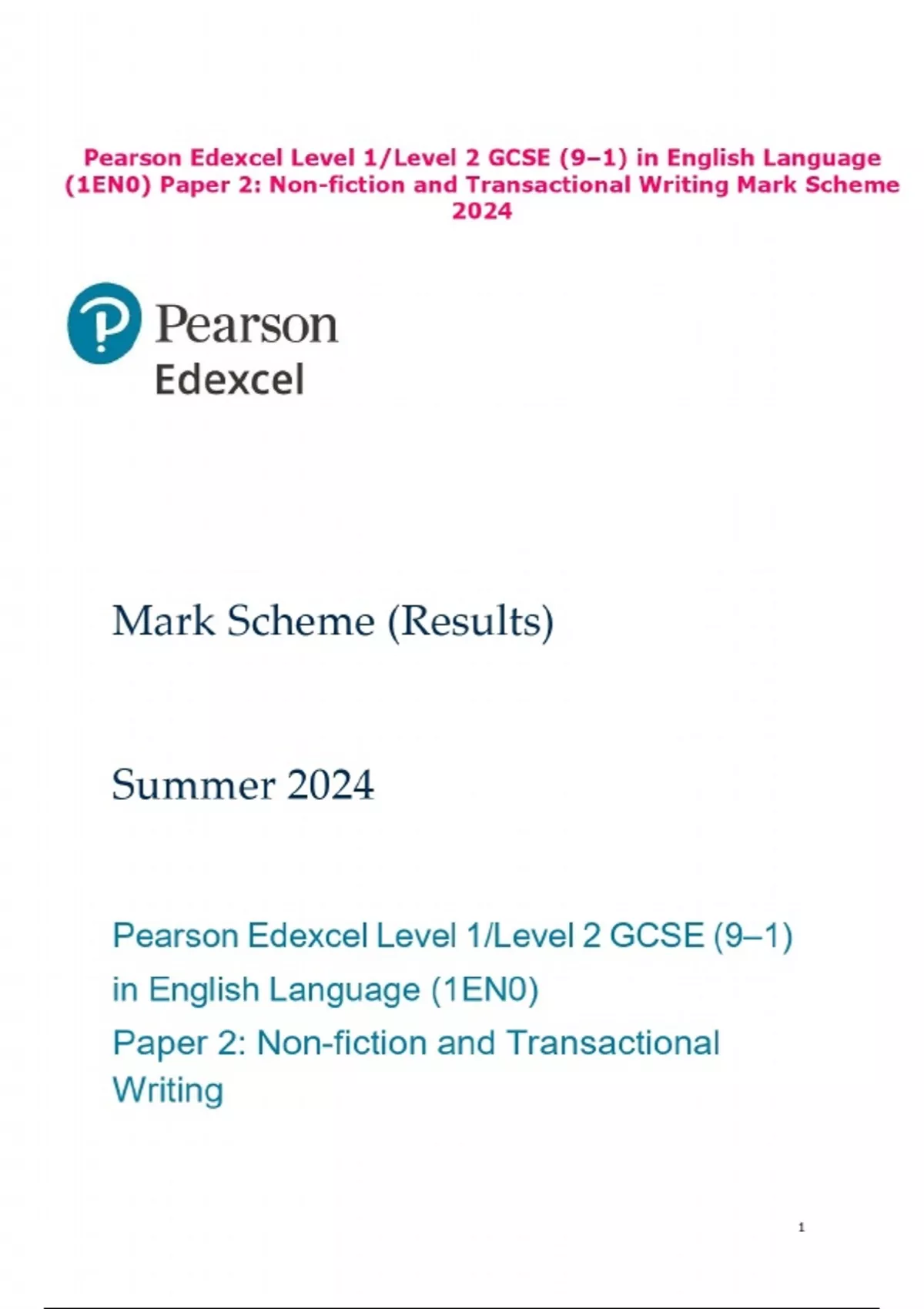 Pearson Edexcel Level 1/Level 2 GCSE (9–1) in English Language (1EN0) Paper 2: Non-fiction and ...