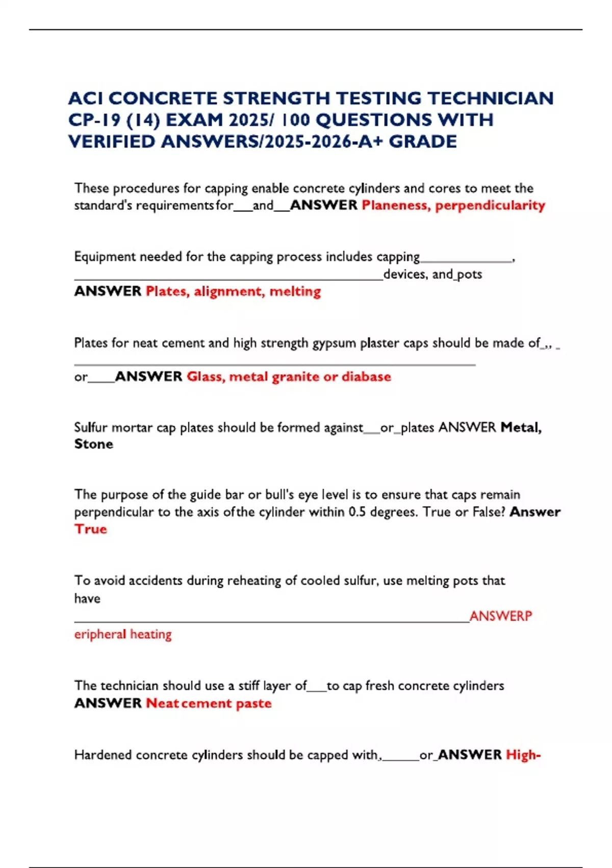 ACI CONCRETE STRENGTH TESTING TECHNICIAN CP-19 (14) EXAM 2025/ 100 ...
