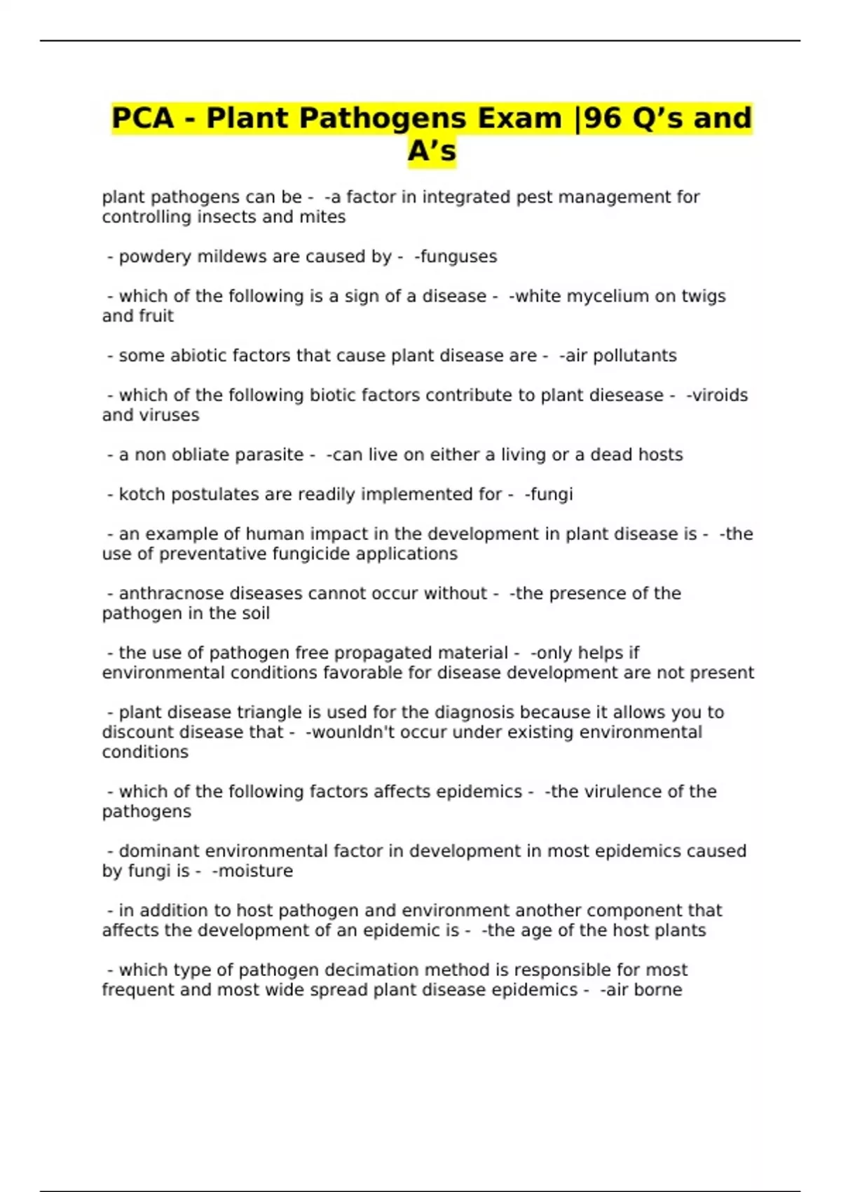 PCA - Plant Pathogens Exam |96 Q’s and A’s - PCA - Plant Pathogens ...