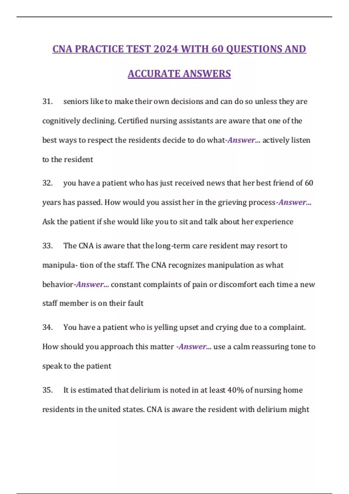 CNA PRACTICE TEST 2024 WITH 60 QUESTIONS AND ACCURATE ANSWERS - CNA ...