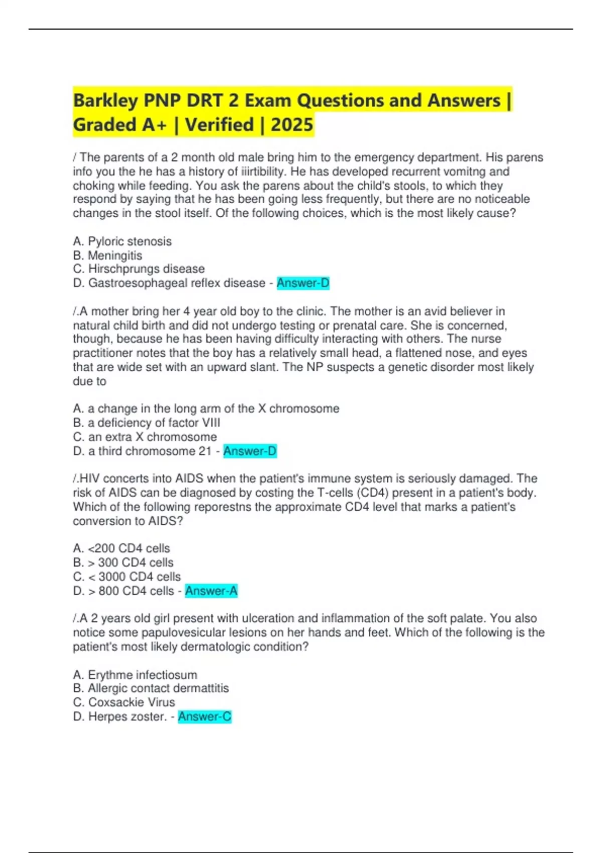 Barkley PNP DRT 2 Exam Questions and Answers | Graded A+ | Verified | 2025 - Barkley PNP DRT 2 ...