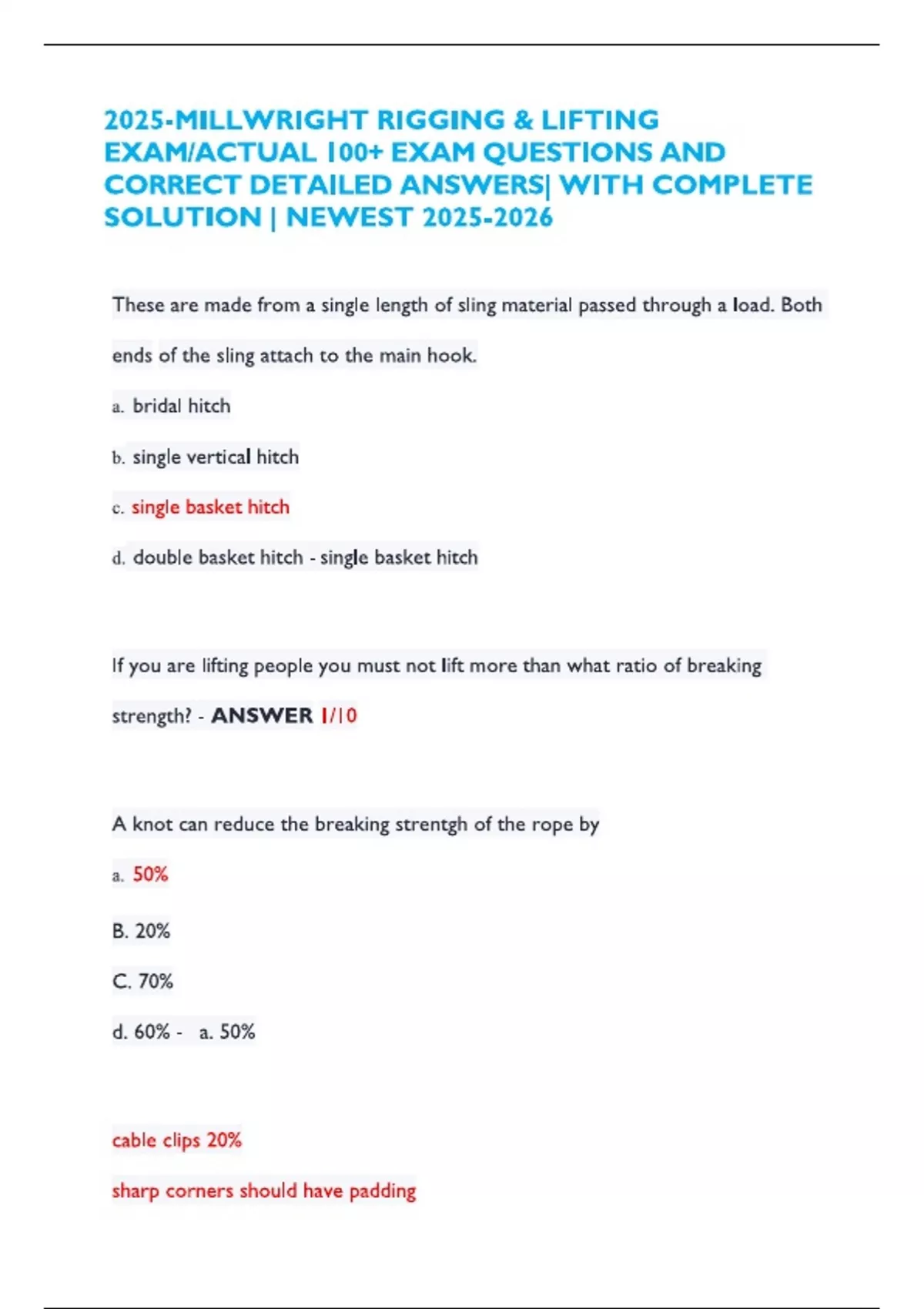 2025-MILLWRIGHT RIGGING & LIFTING EXAM/ACTUAL 100+ EXAM QUESTIONS AND ...