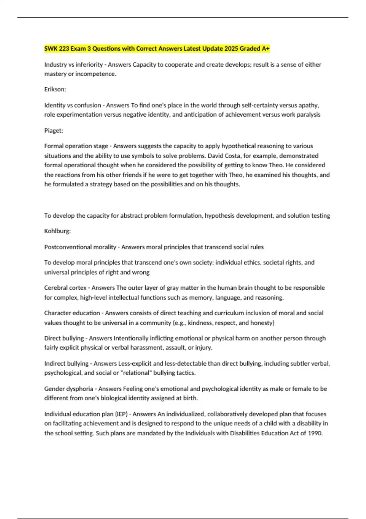 SWK 223 Exam 3 Questions with Correct Answers Latest Update 2025 Graded ...