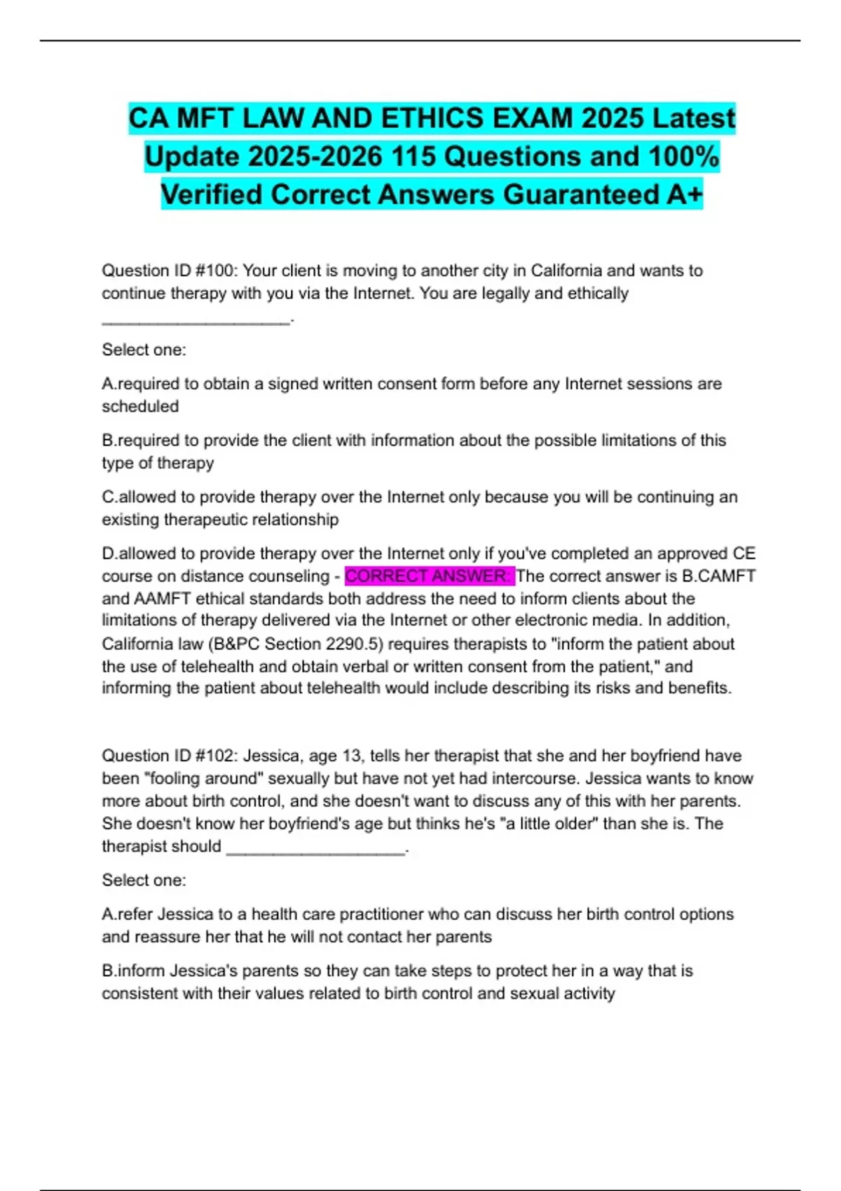 CA MFT LAW AND ETHICS EXAM 2025 Latest Update Questions and 100% ...