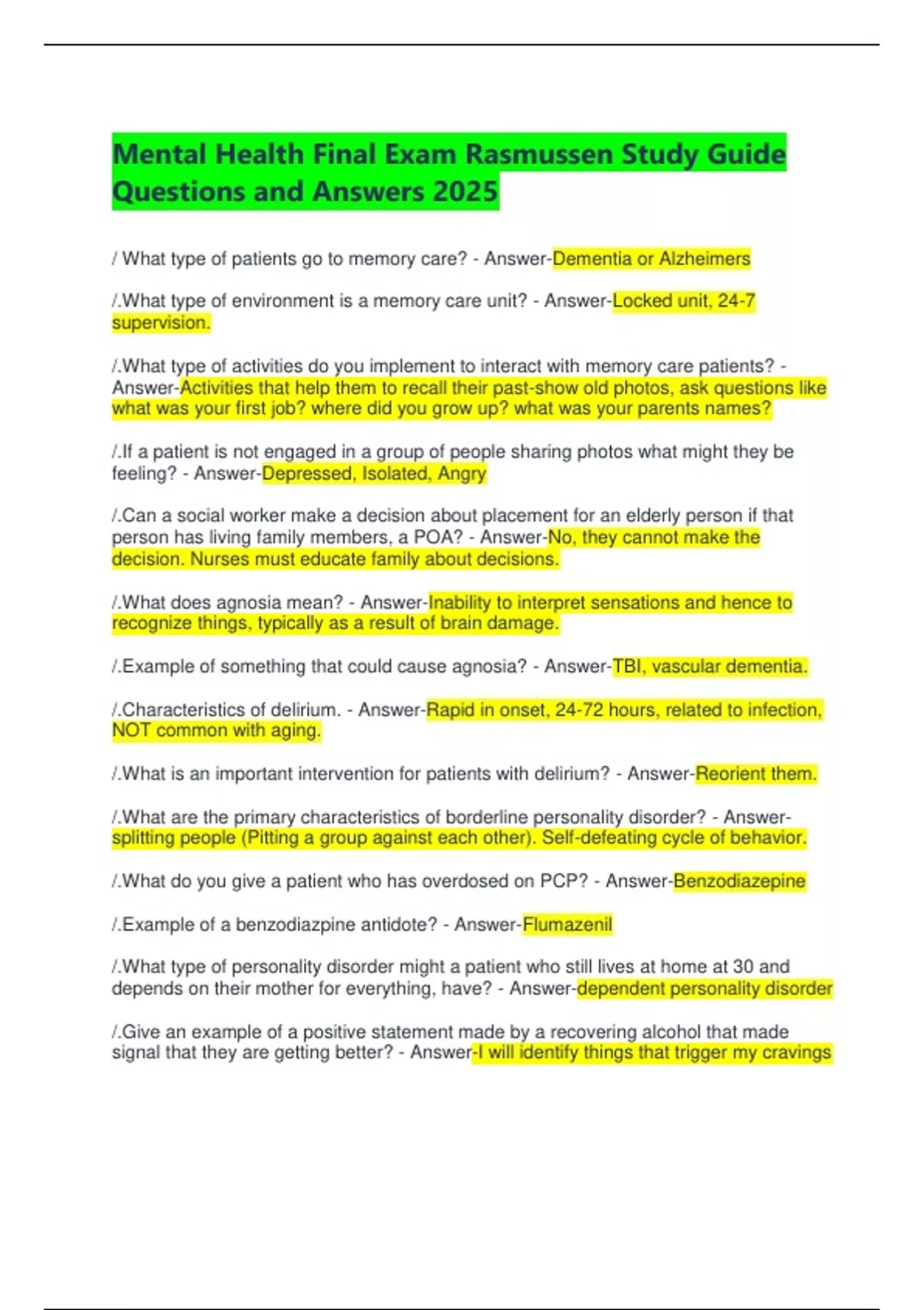 Mental Health Final Exam Rasmussen Study Guide Questions and Answers 2025 - Mental Health ...