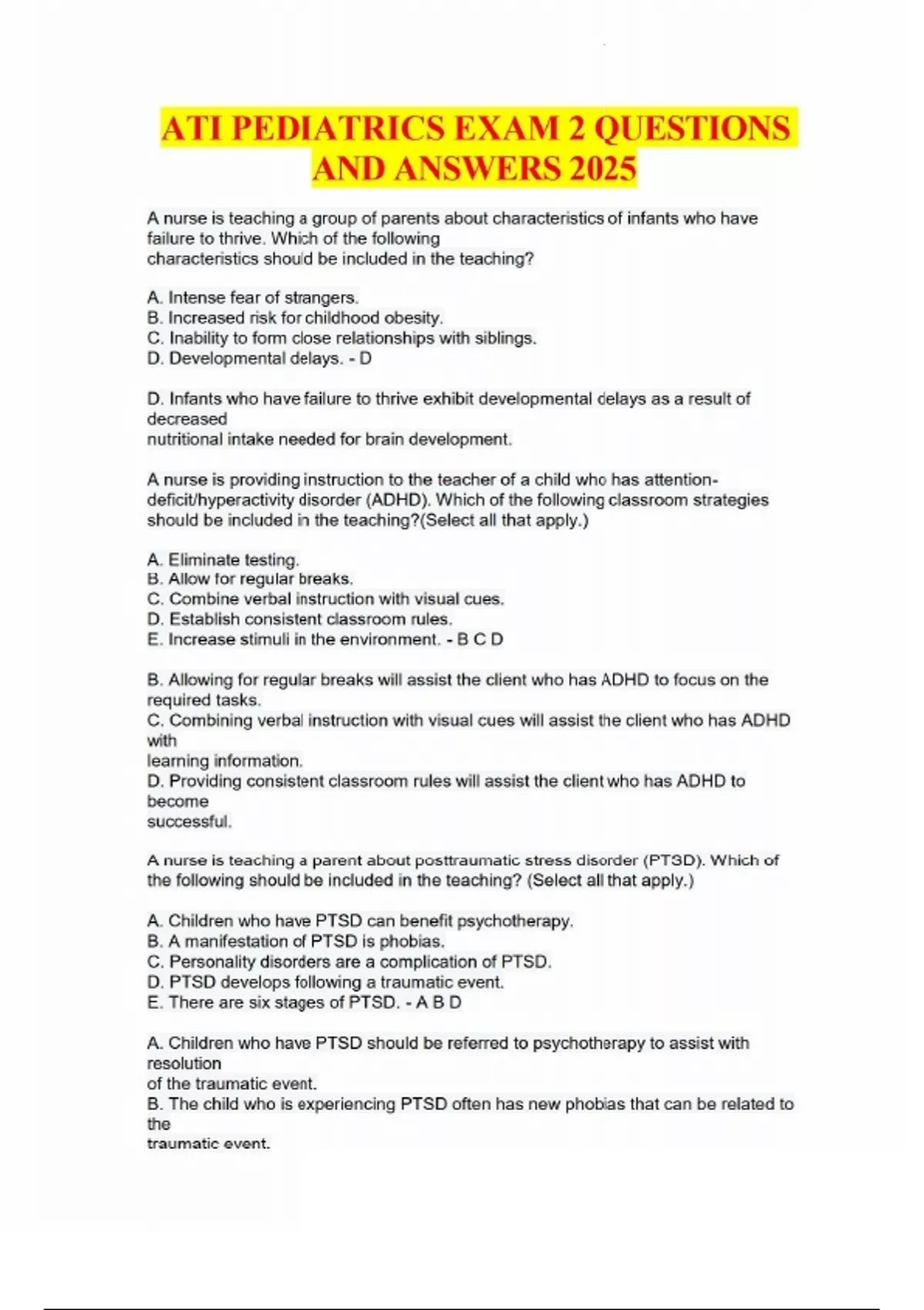 ATI PEDIATRICS EXAM 2 QUESTIONS AND ANSWERS 2025 - ATI PEDIATRICS ...