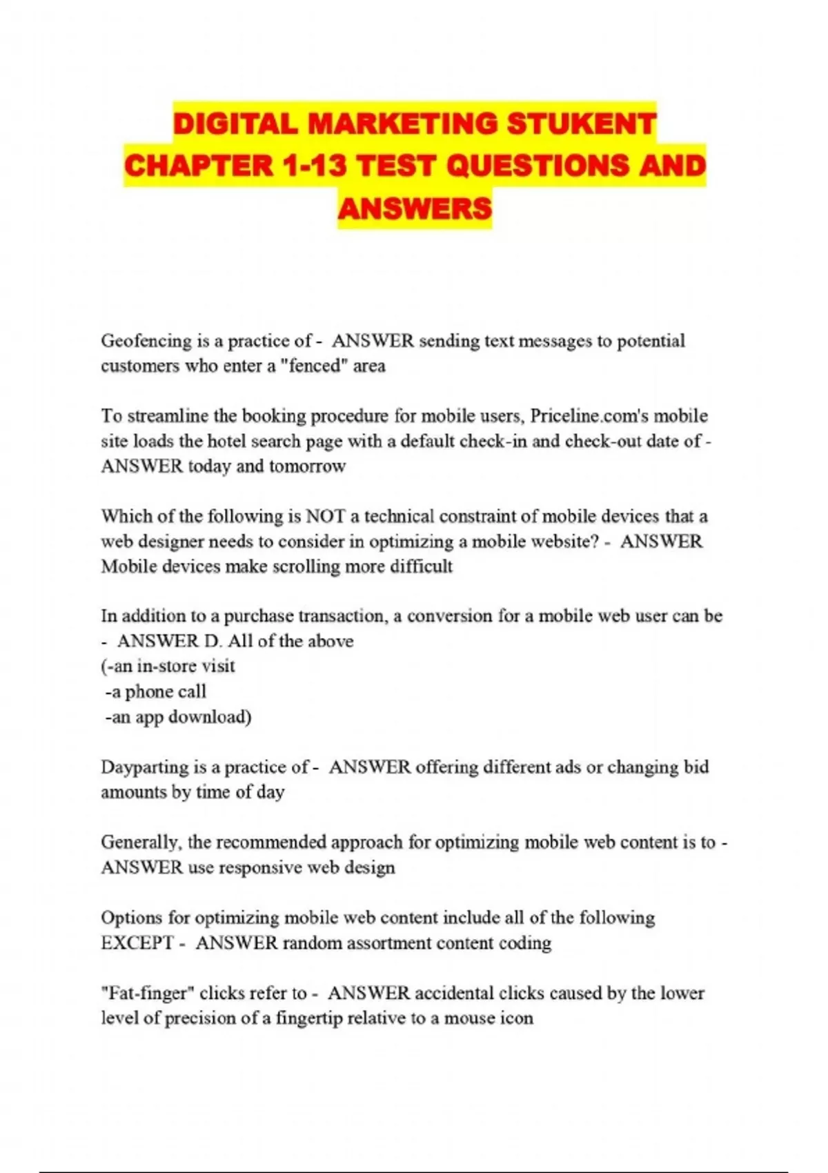 ALL DIGITAL MARKETING STUKENT PACKAGED EXAMS QUESTIONS WITH VERIFIED ...