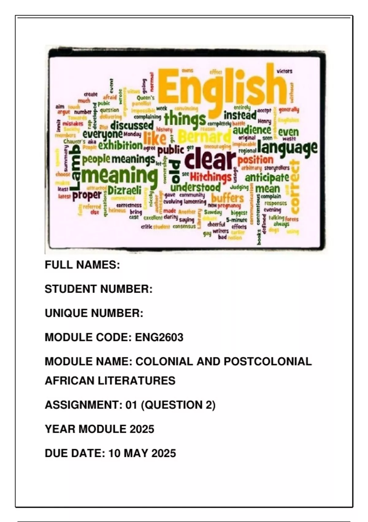 ENG2603 ASSIGNMENT 01 YEAR MODULE 2025 (POEM) - Colonial and ...