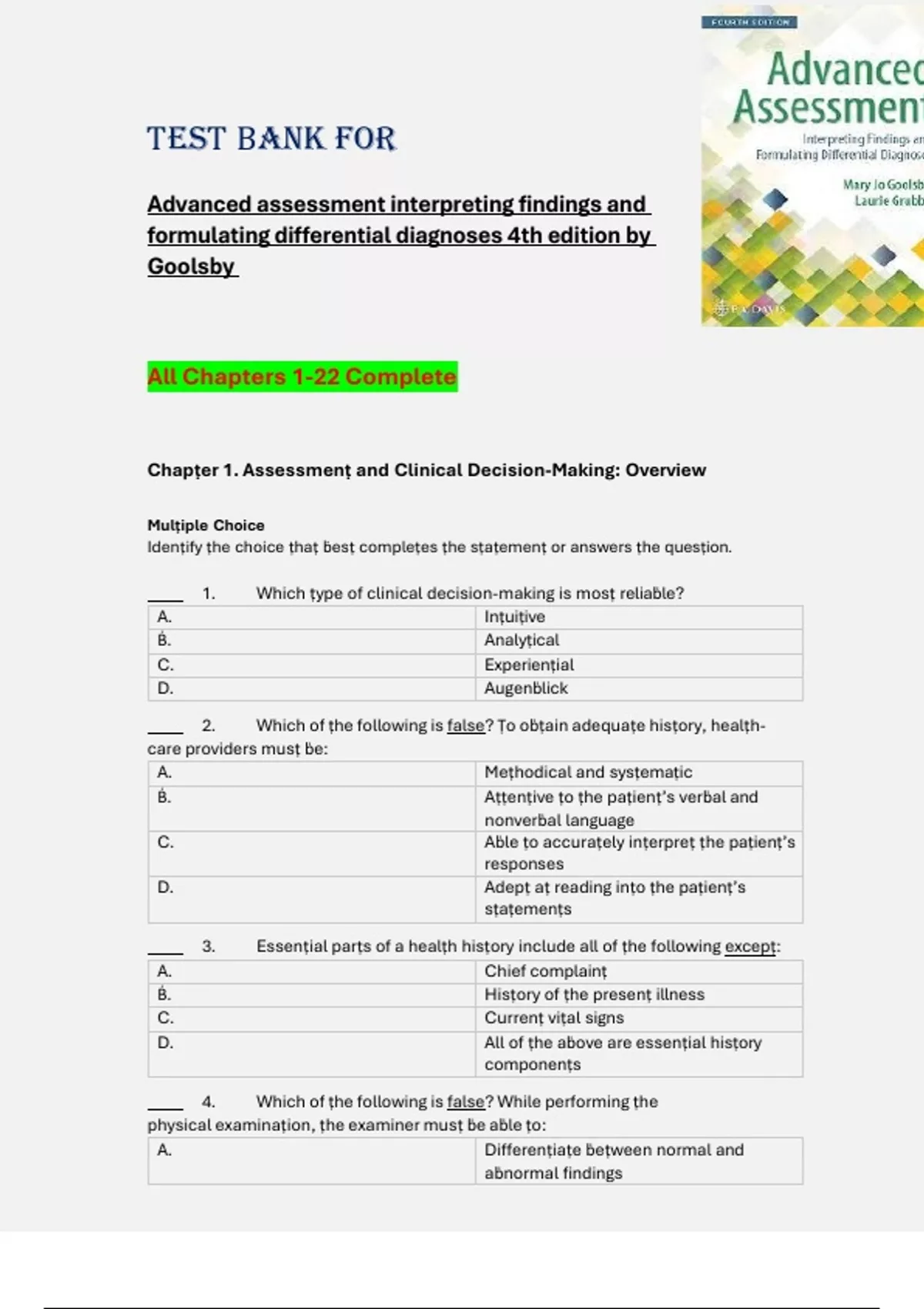 Test Bank for Advanced assessment interpreting findings and formulating ...