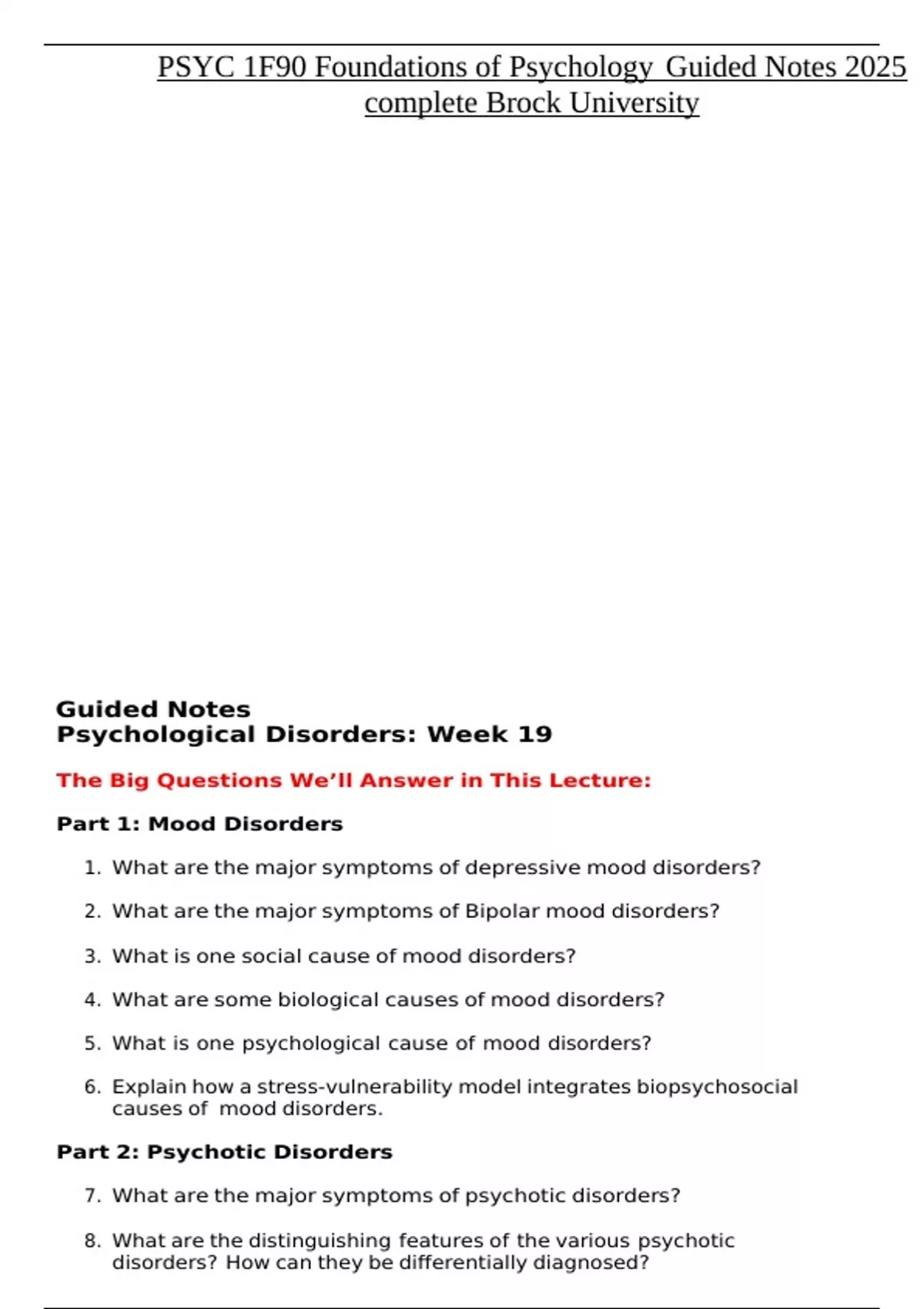 PSYC 1F90 Foundations of Psychology Guided Notes 2025 complete Brock ...