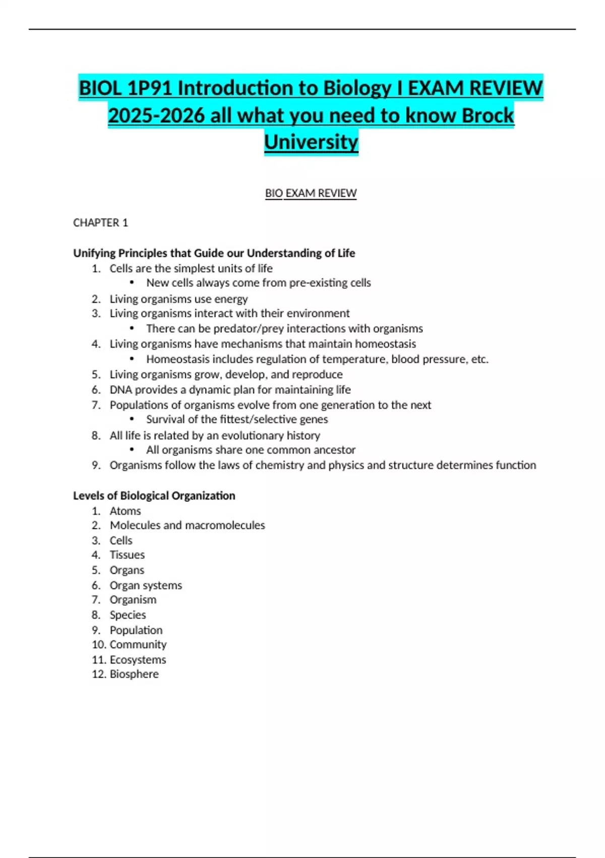 BIOL 1P91 Introduction to Biology I EXAM REVIEW all what you need to know Brock University ...