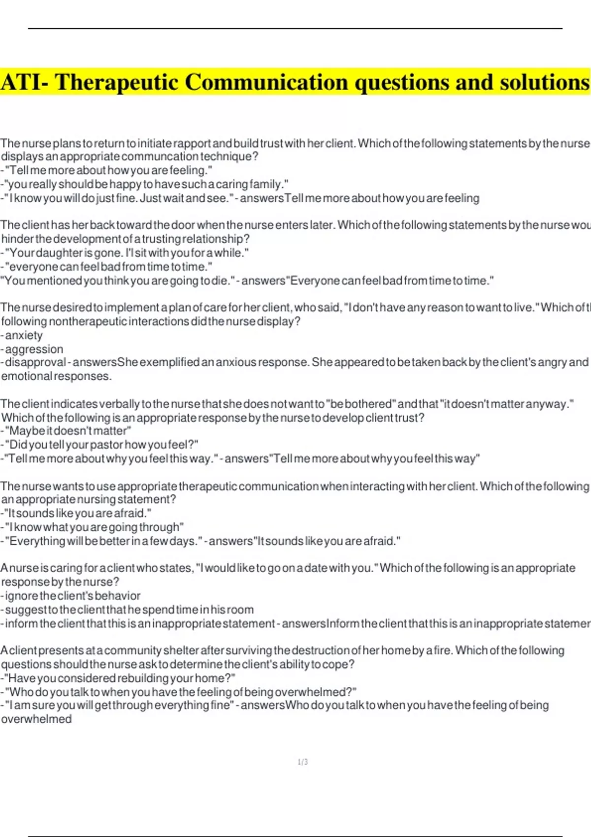 ATI- Therapeutic Communication questions and solutions - ATI ...