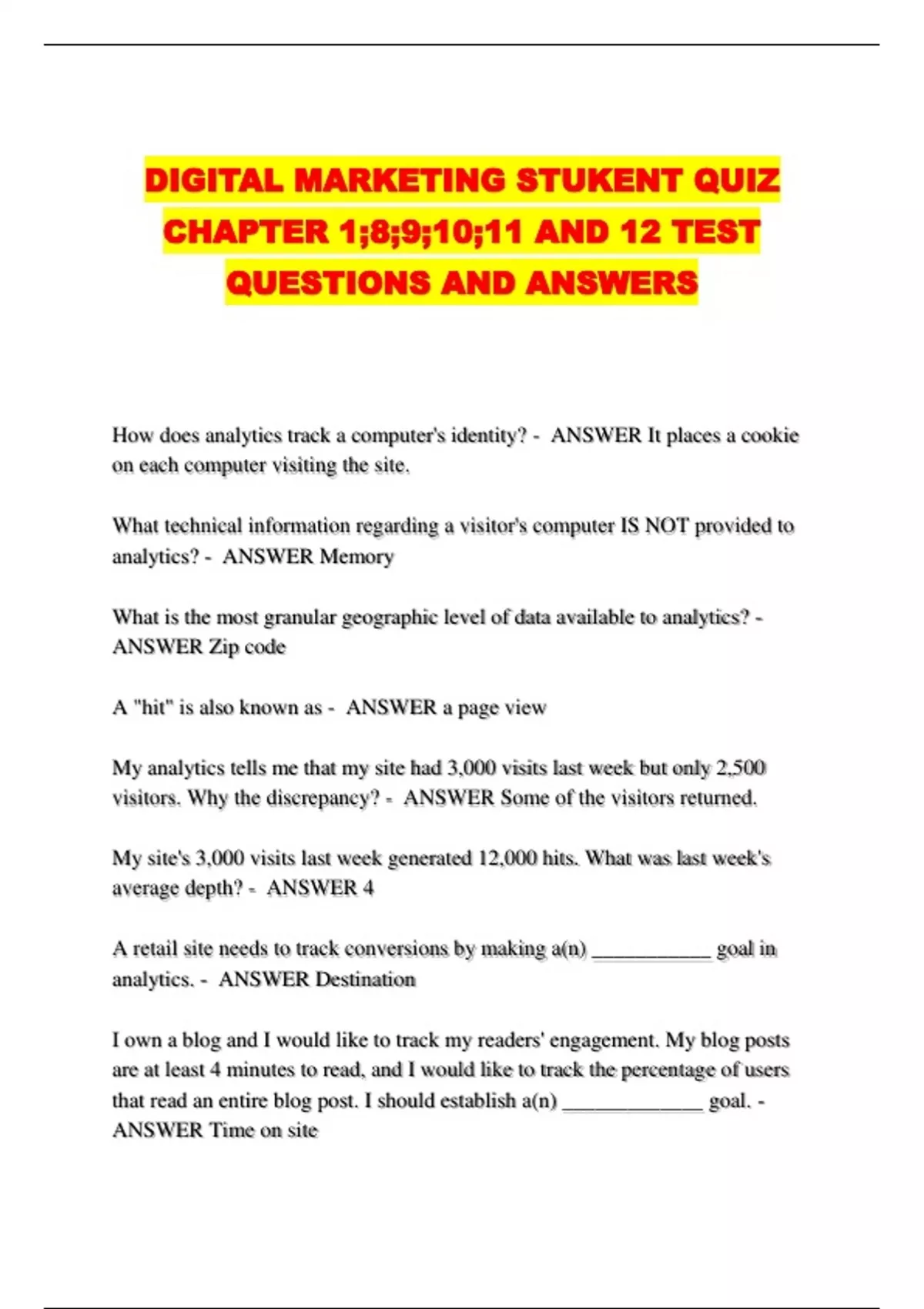 DIGITAL MARKETING STUKENT QUIZ CHAPTER 1;8;9;10;11 AND 12 TEST ...