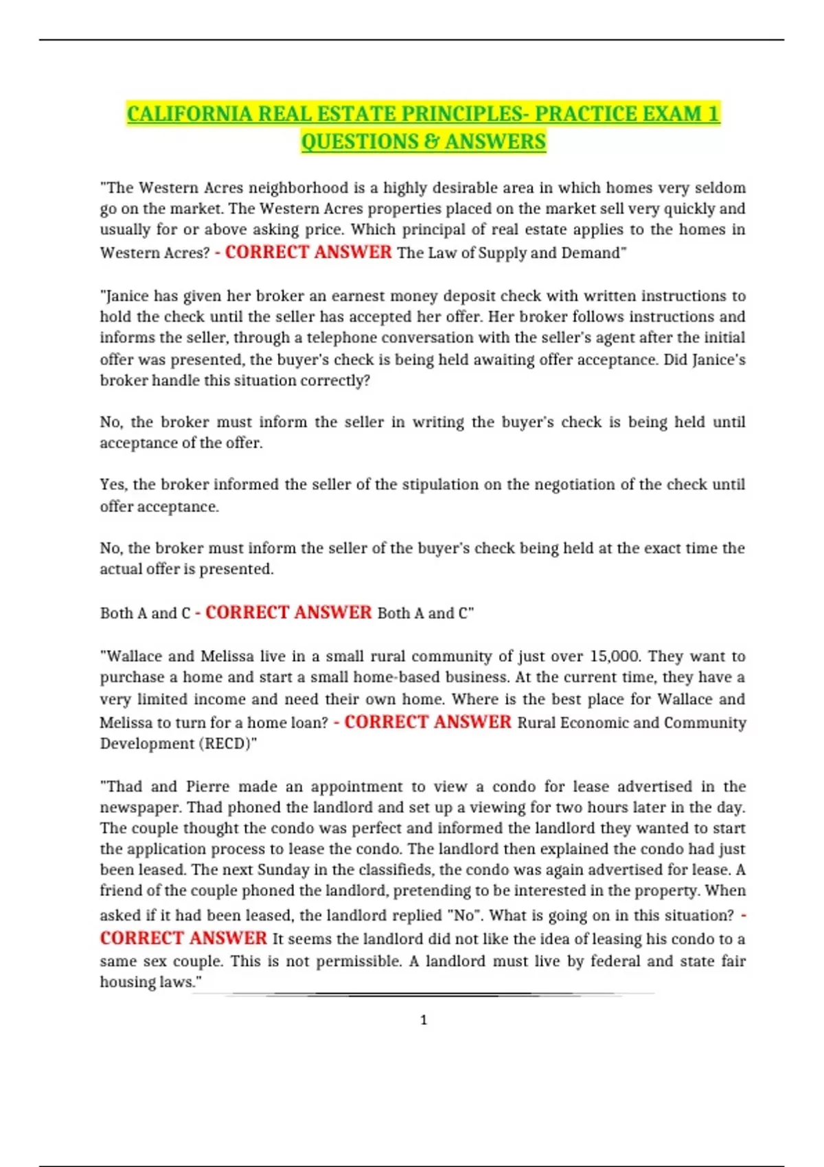 CALIFORNIA REAL ESTATE PRINCIPLES- PRACTICE EXAM 1 QUESTIONS & ANSWERS ...