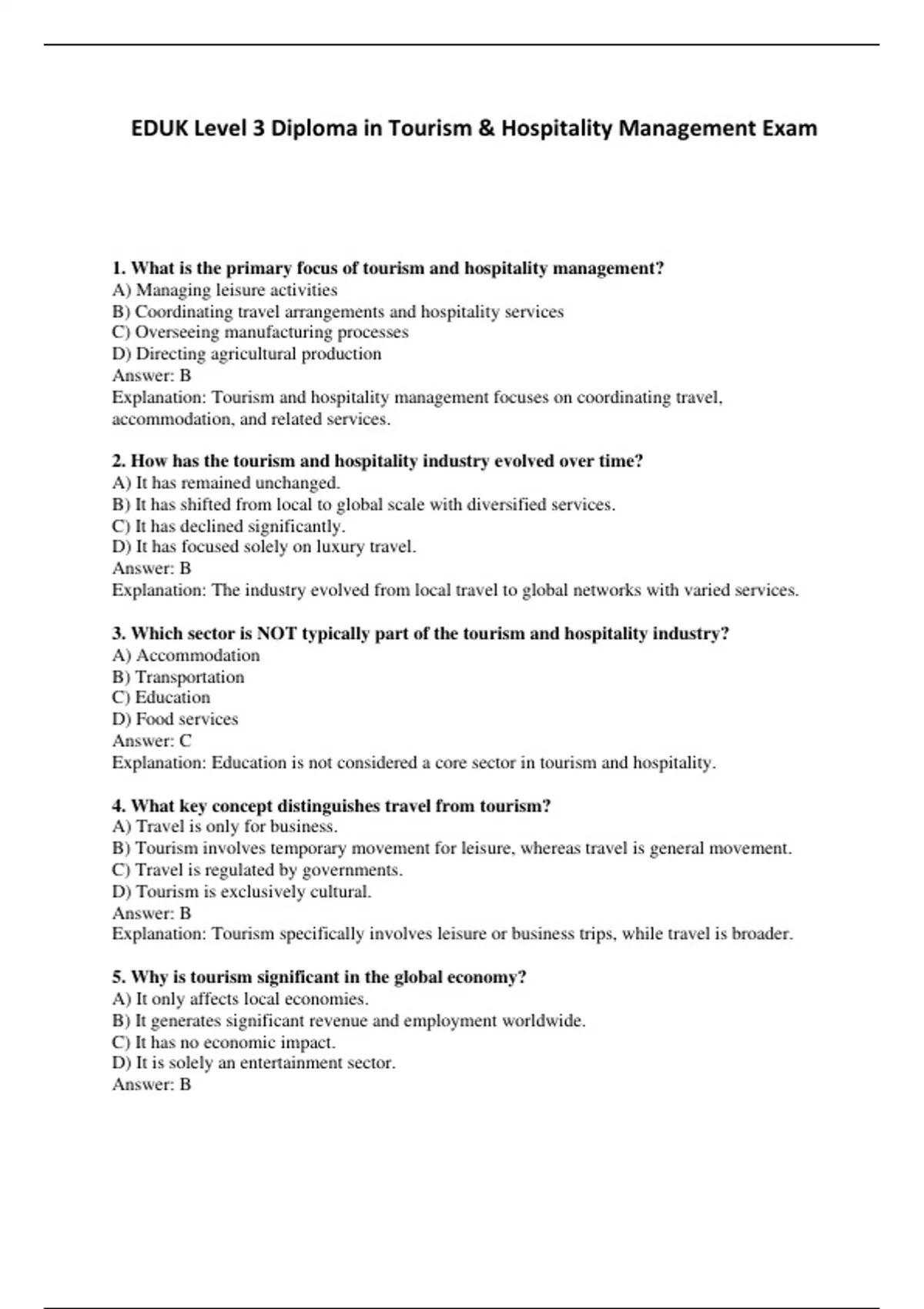EDUK Level 3 Diploma in Tourism & Hospitality Management Exam - Computer Tech - Stuvia US